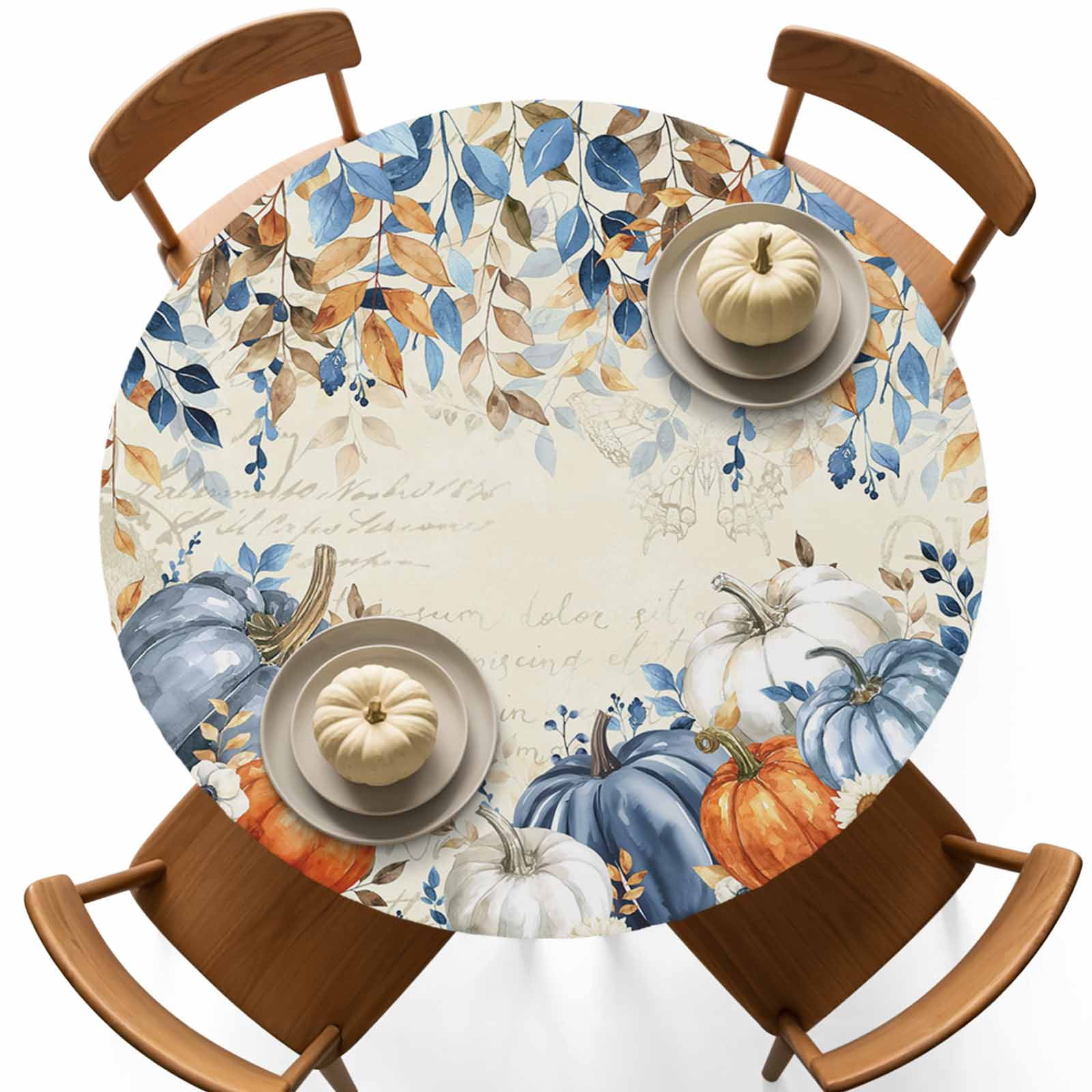 Fall Round Fitted Tablecloth with Elastic Blue White Pumpkin ...