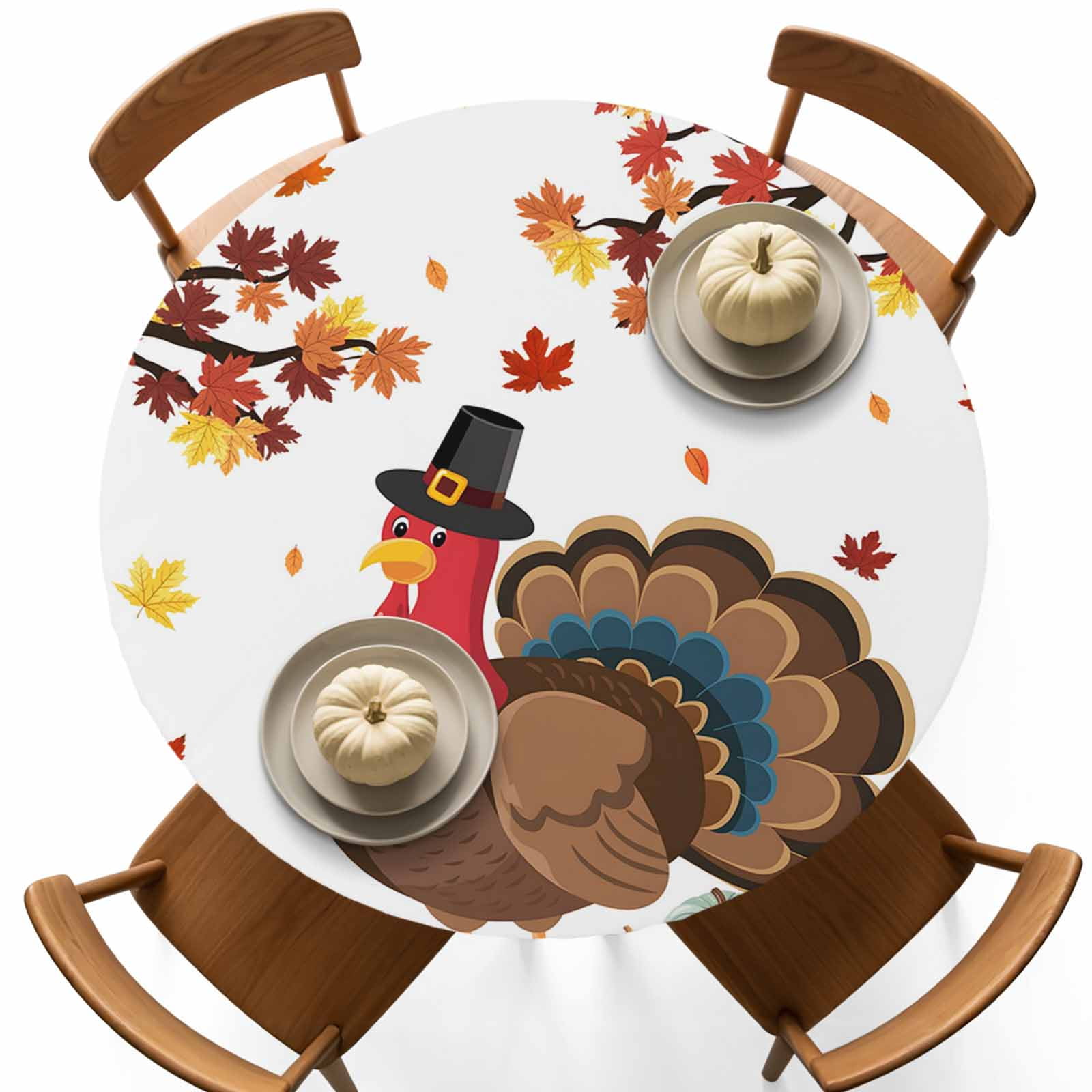 Fall Round Fitted Tablecloth with Elastic Harvest Pumpkin Turkey ...