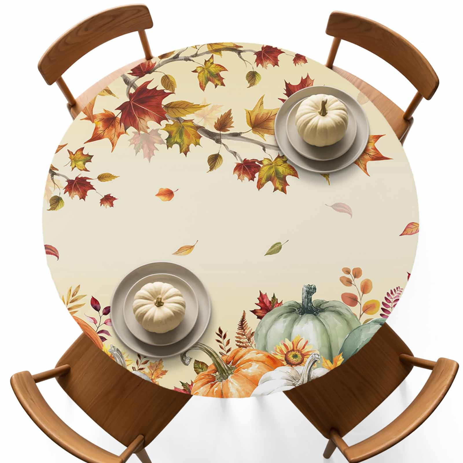 Fall Round Fitted Tablecloth with Elastic Harvest Pumpkins Thanksgiving ...