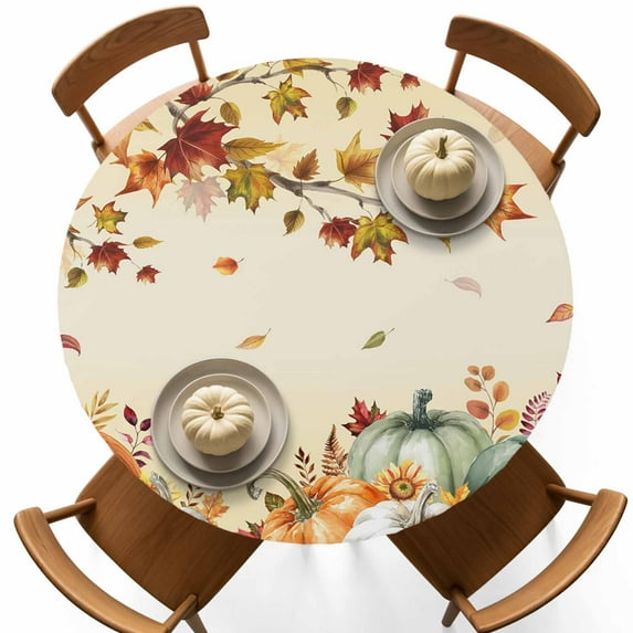 Fall Round Fitted Tablecloth with Elastic Harvest Pumpkins Thanksgiving ...