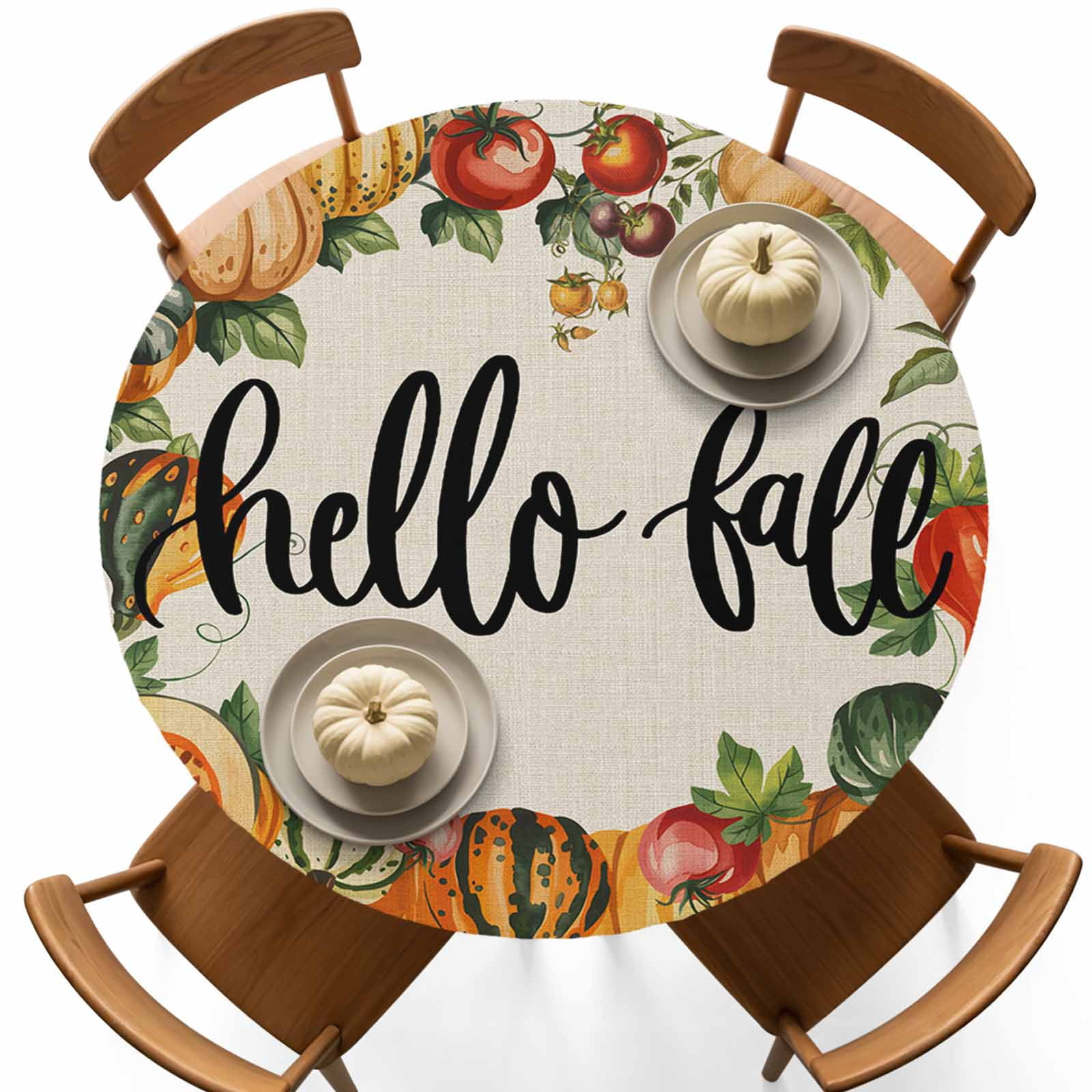 Fall Round Fitted Tablecloth with Elastic Hello Fall Pumpkin ...