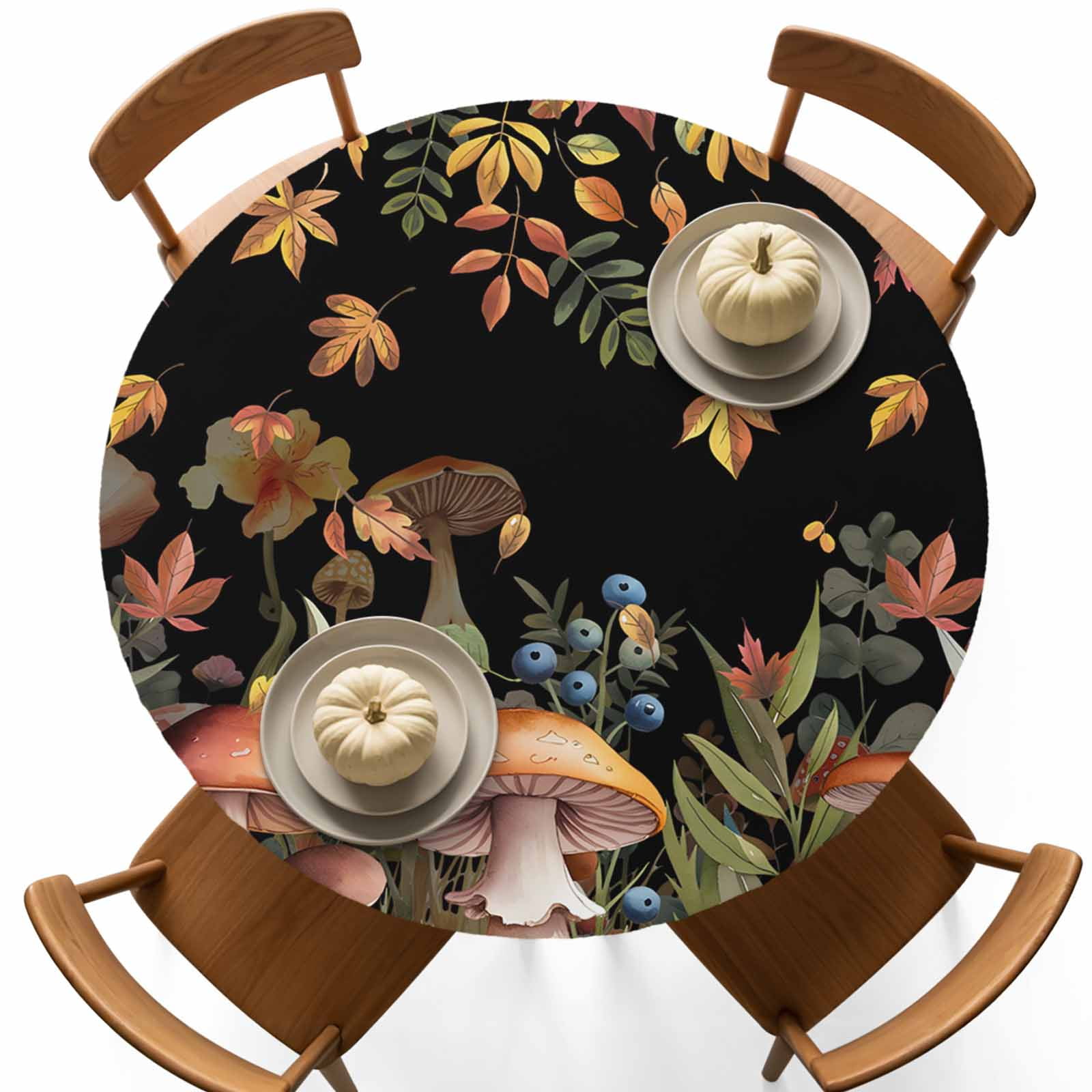 Fall Round Fitted Tablecloth with Elastic Mushroom Thanksgiving ...