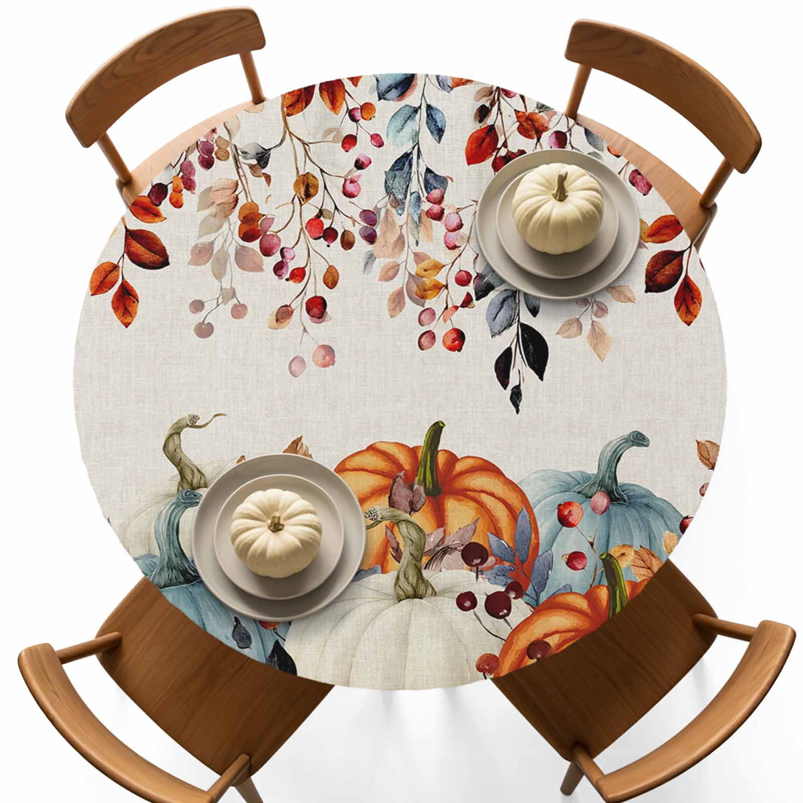Fall Round Fitted Tablecloth with Elastic Orange Blue Pumpkin ...