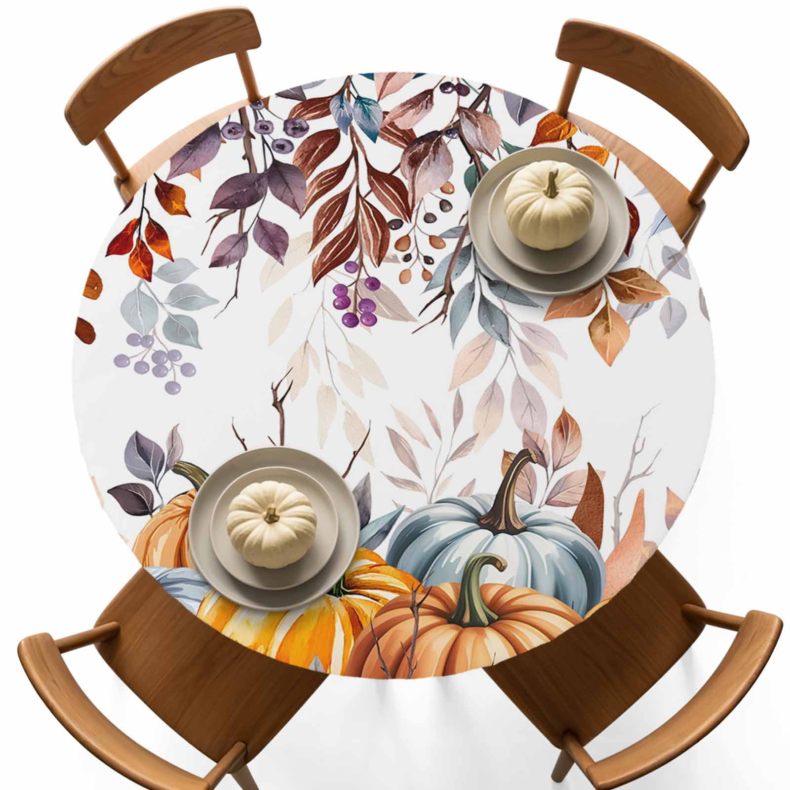 Fall Round Fitted Tablecloth with Elastic Orange Blue Pumpkin ...
