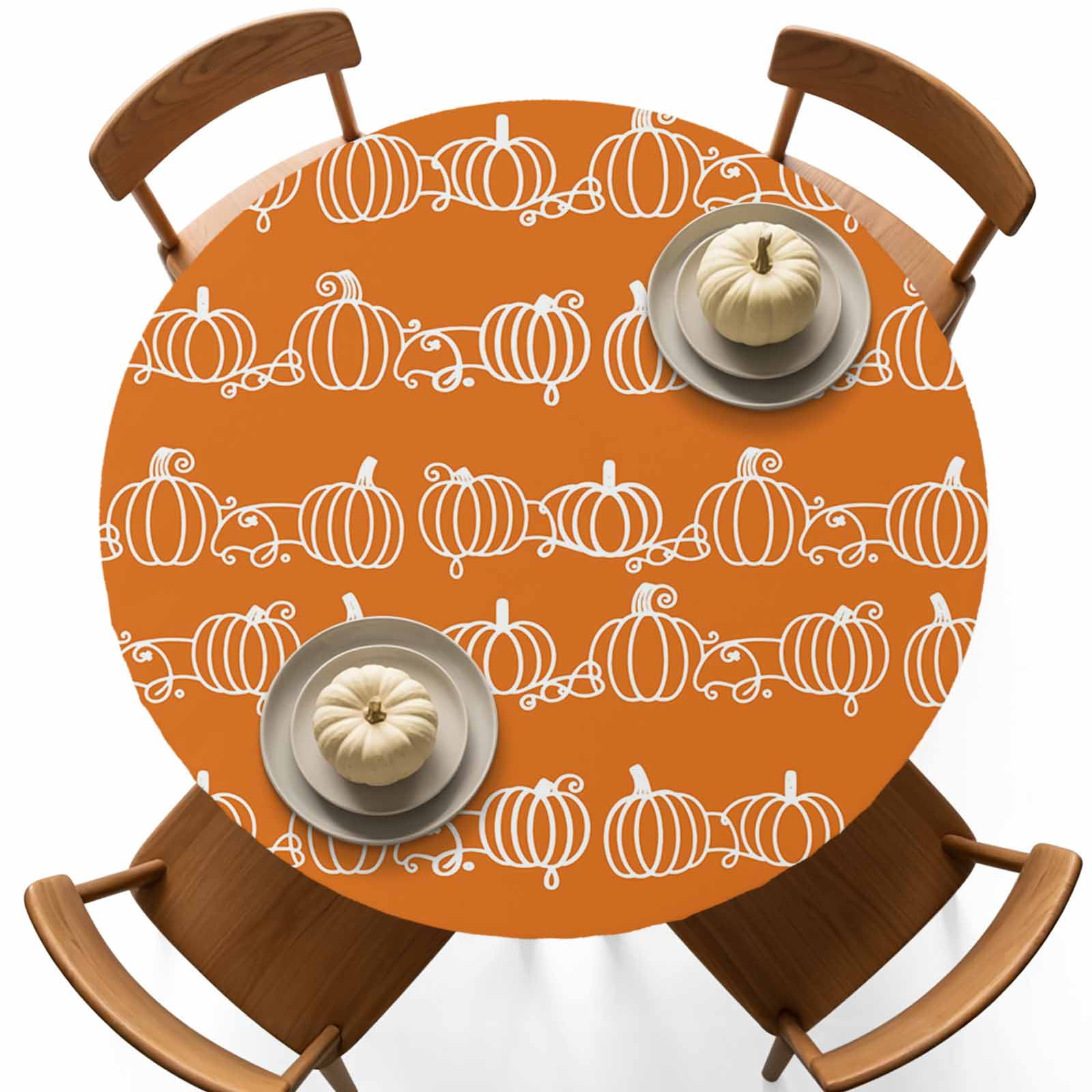Fall Round Fitted Tablecloth with Elastic Orange Harvest Pumpkin ...