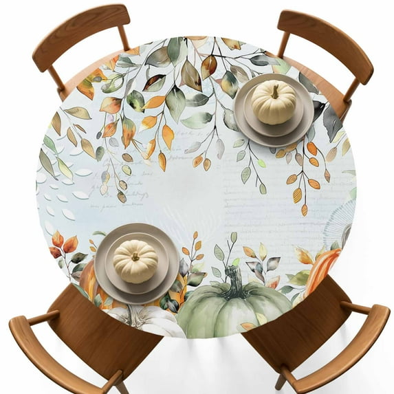 Fall Round Fitted Tablecloth with Elastic Orange Pumpkin Thanksgiving ...