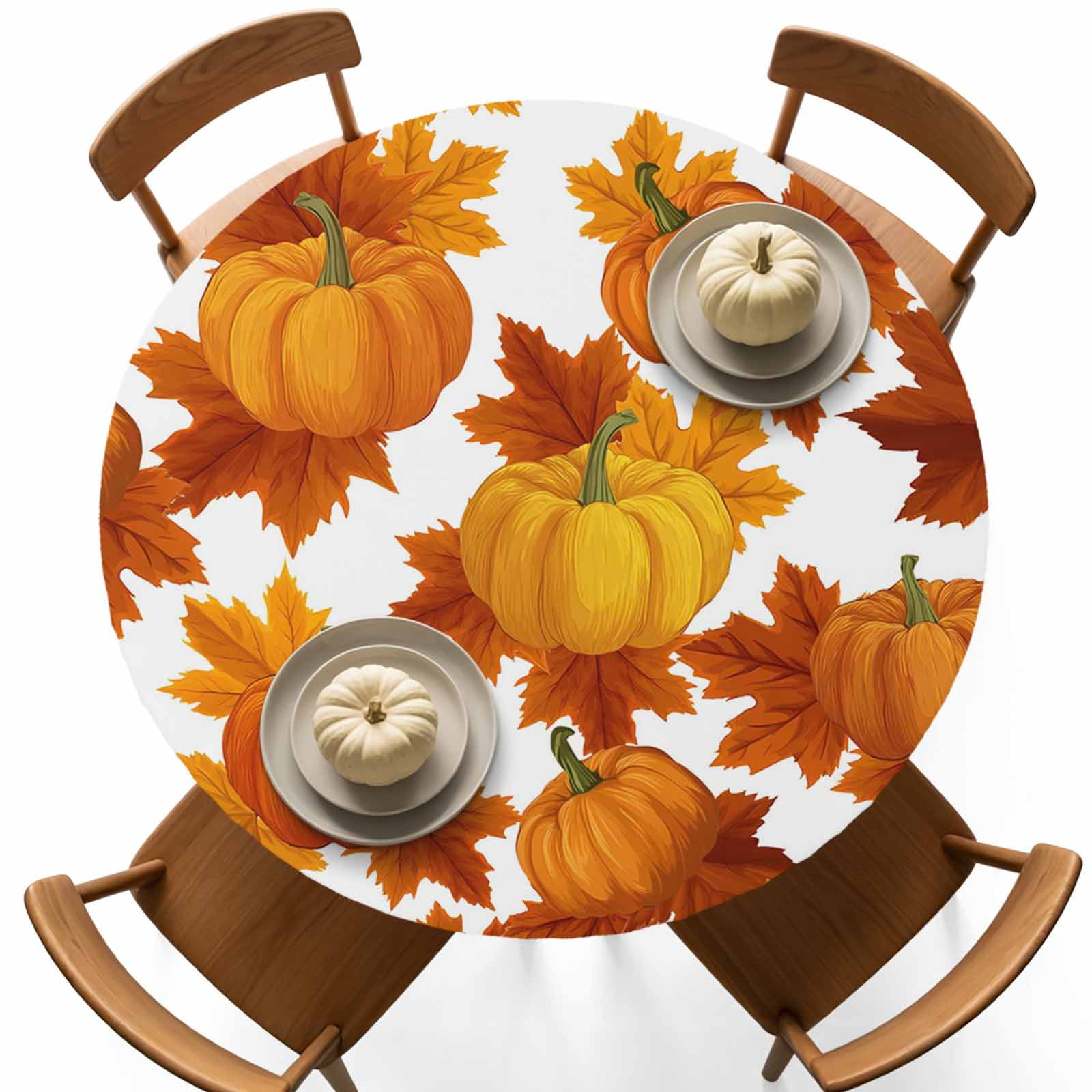 Fall Round Fitted Tablecloth with Elastic Orange Pumpkin Thanksgiving ...