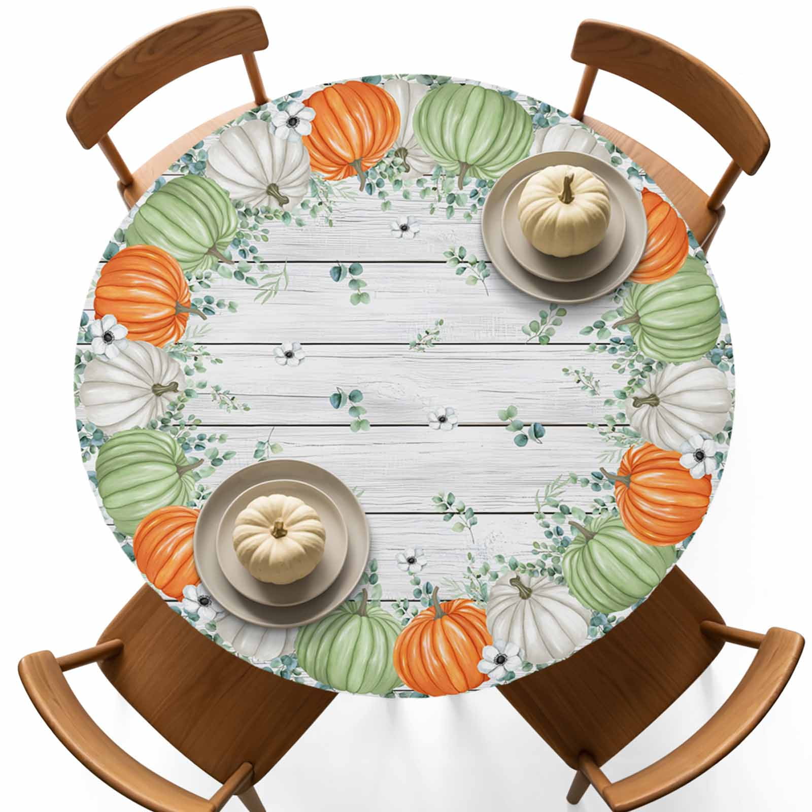 Fall Round Fitted Tablecloth with Elastic Orange White Pumpkin ...