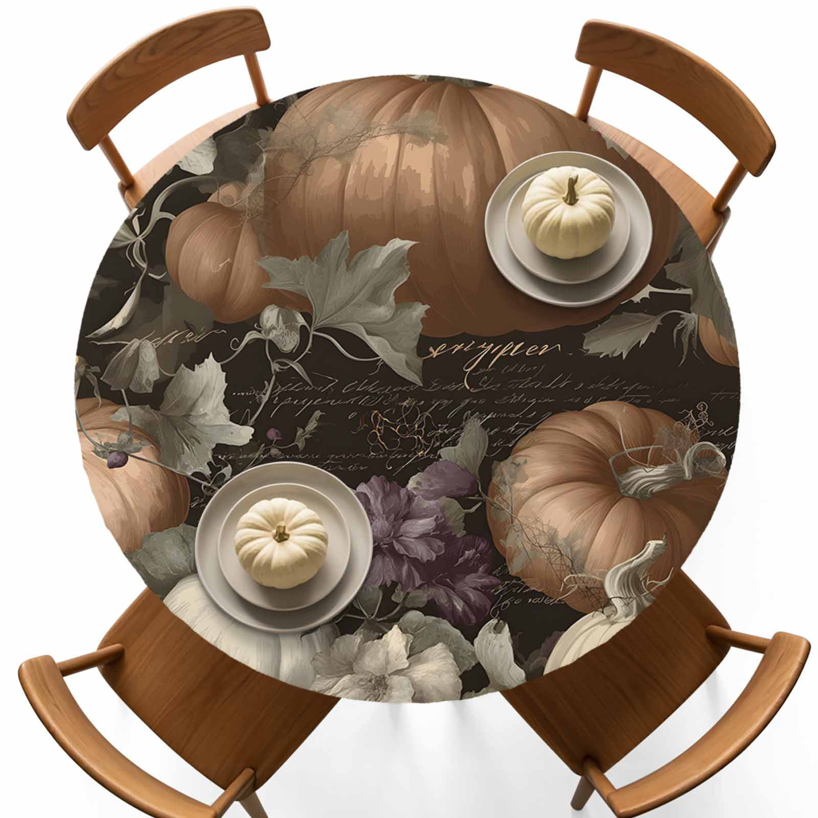 Fall Round Fitted Tablecloth with Elastic Orange White Pumpkin ...