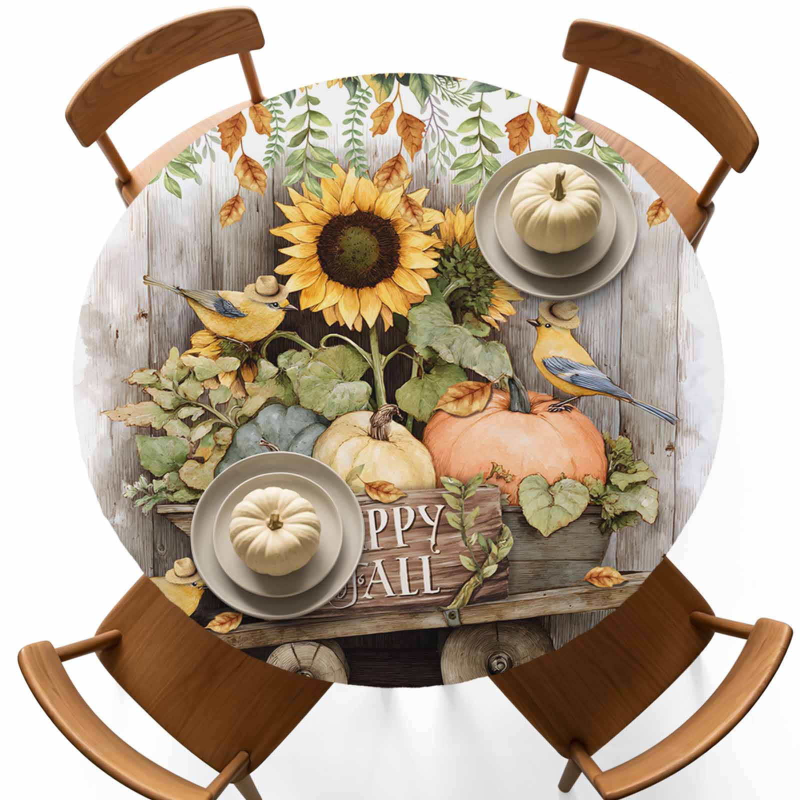 Fall Round Fitted Tablecloth with Elastic Pumpkin Cart Thanksgiving ...