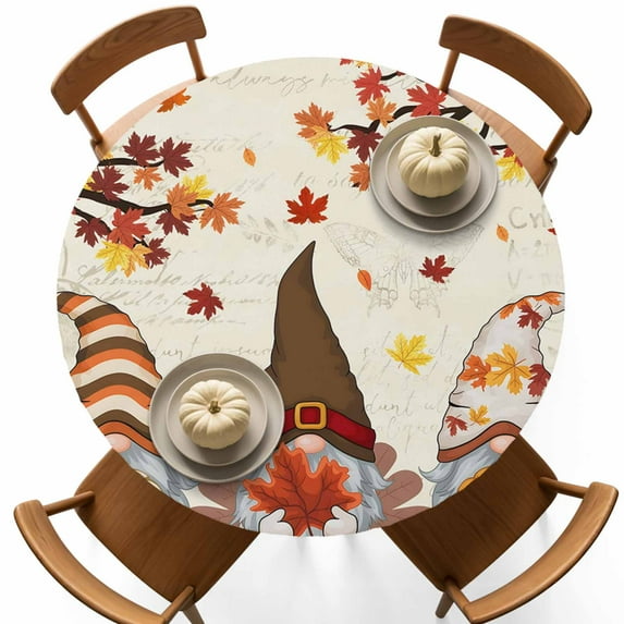 Fall Round Fitted Tablecloth with Elastic Pumpkin Gnome Thanksgiving ...