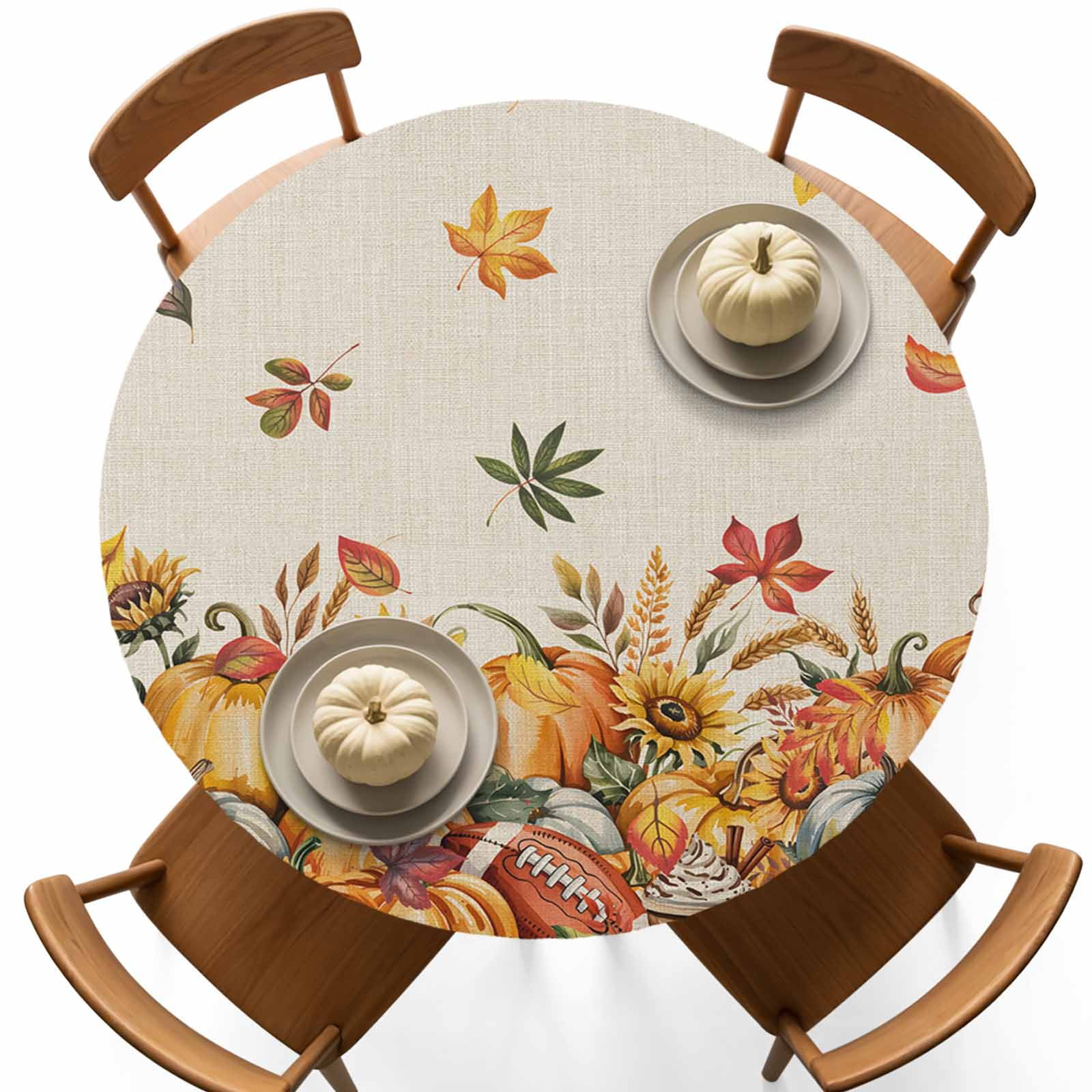 Fall Round Fitted Tablecloth with Elastic Rugby Pumpkin Autumn Harvest ...