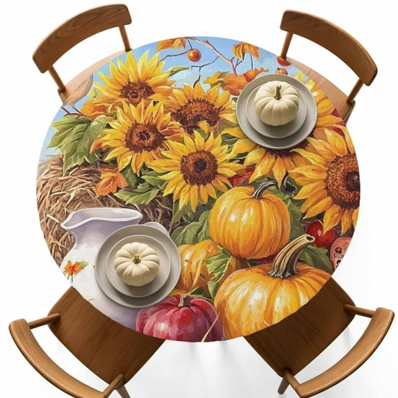 Fall Round Fitted Tablecloth with Elastic Sunflower Pumpkin ...