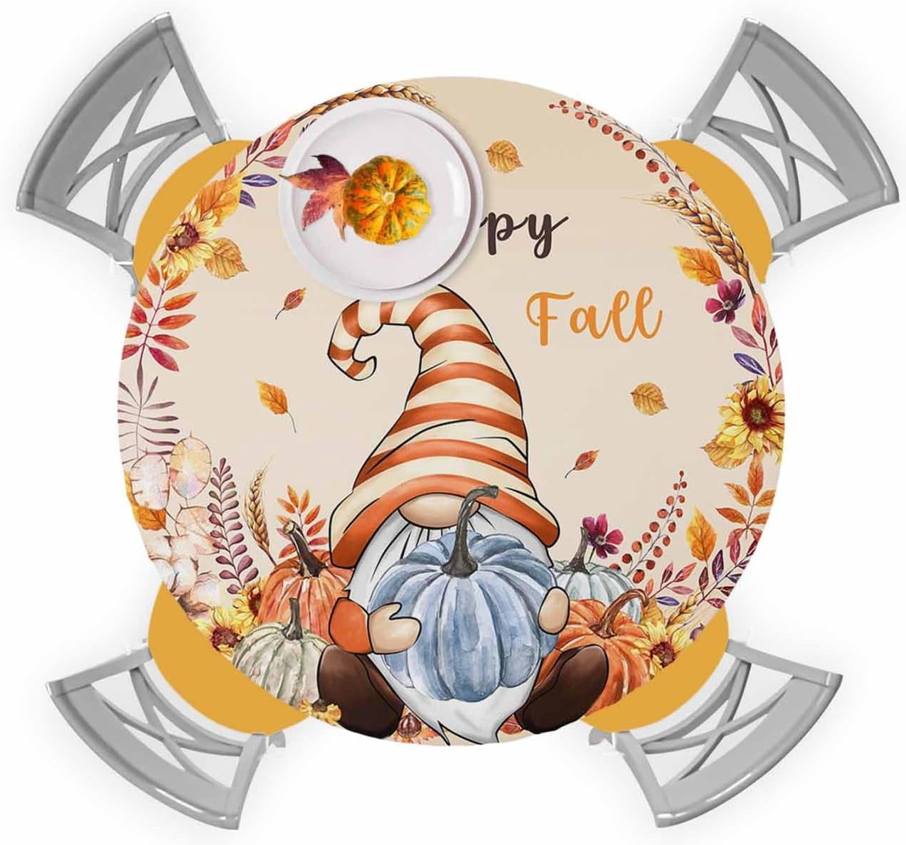 Fall Round Fitted Tablecloth with Elastic Thanksgiving Gnome ...
