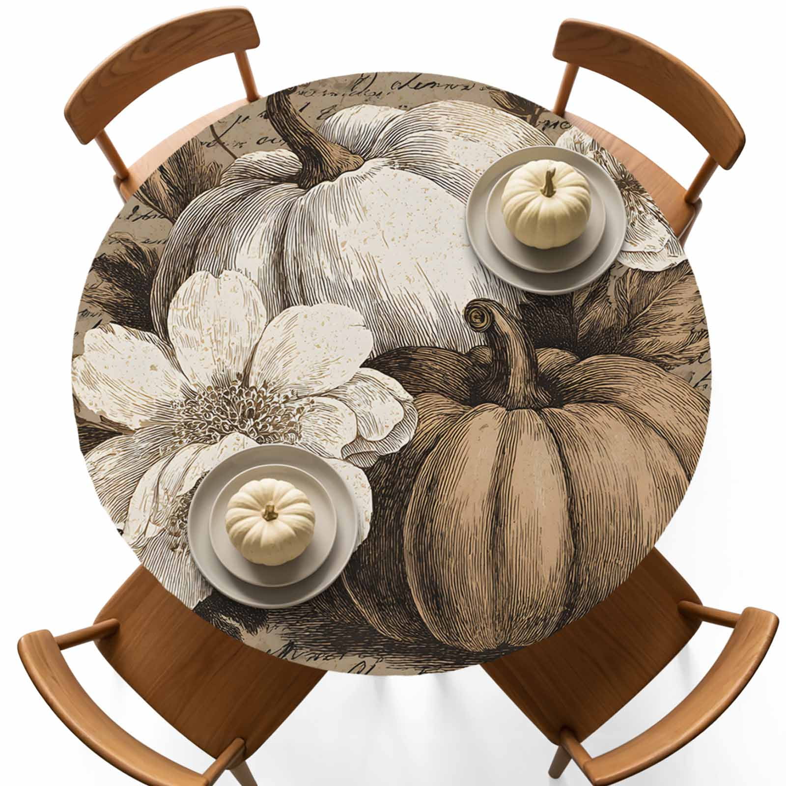Fall Round Fitted Tablecloth with Elastic White Pumpkin Thanksgiving ...