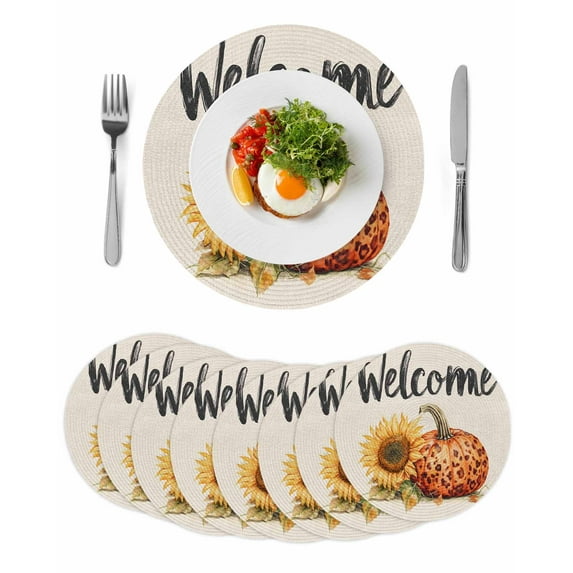 Fall Round Table Placemats set of 8, Sunflower Pumpkin Leopard Print ...