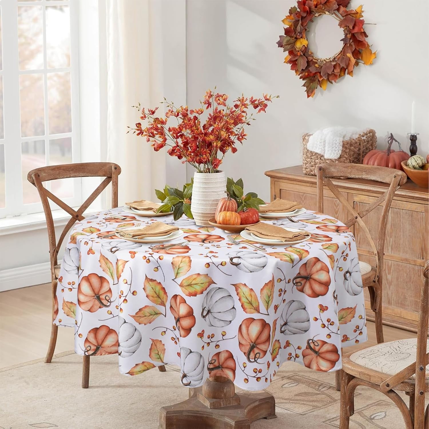 Fall Round Tablecloth 70 Inch, Thanksgiving Autumn Harvest Orange ...