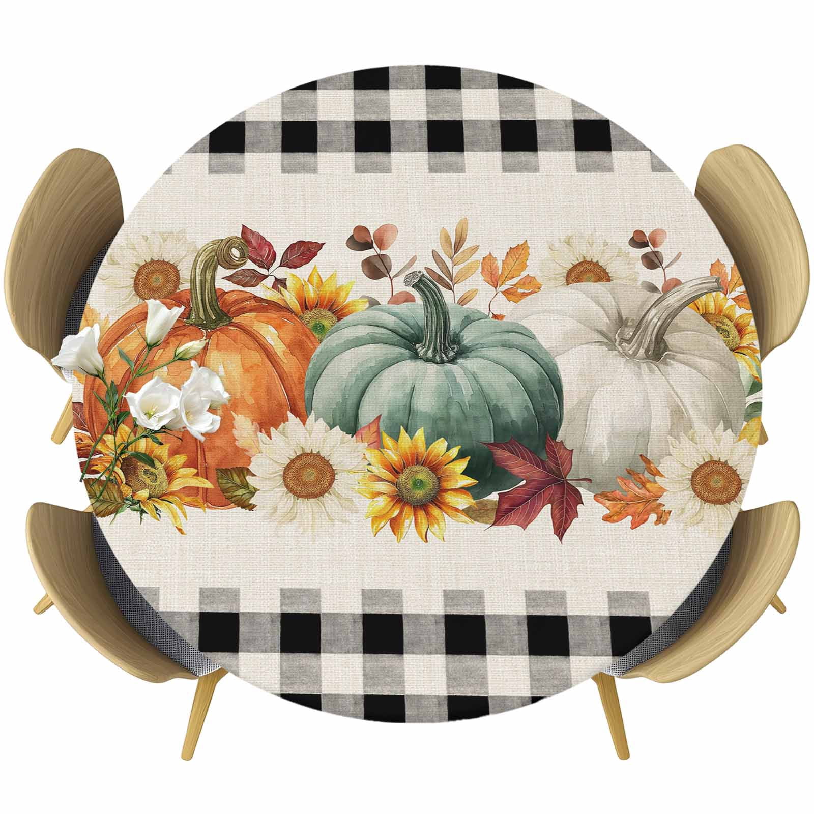Fall Round Tablecloth, Fitted Table Cover with Elastic for 45"-54 ...