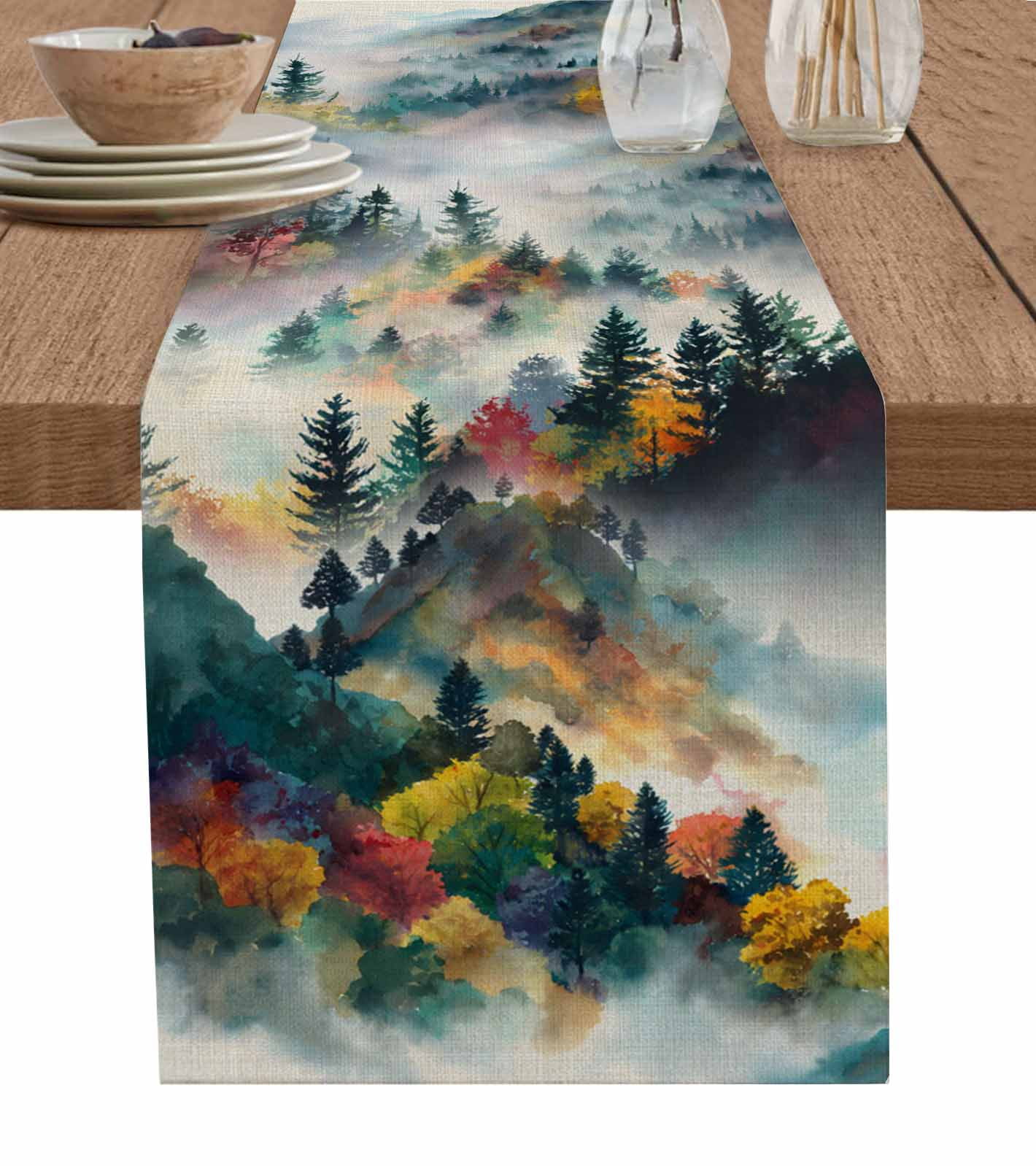 Fall Rustic Trees Table Runner 70 Inches, Foggy Forest Autumn Natural ...
