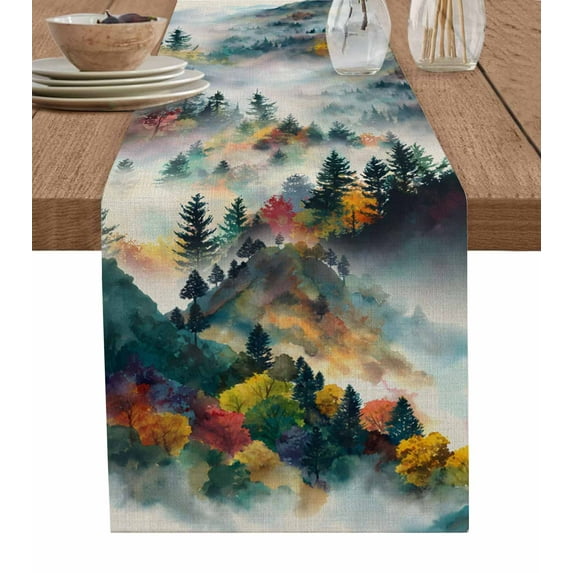 Fall Rustic Trees Table Runner 70 Inches, Foggy Forest Autumn Natural ...