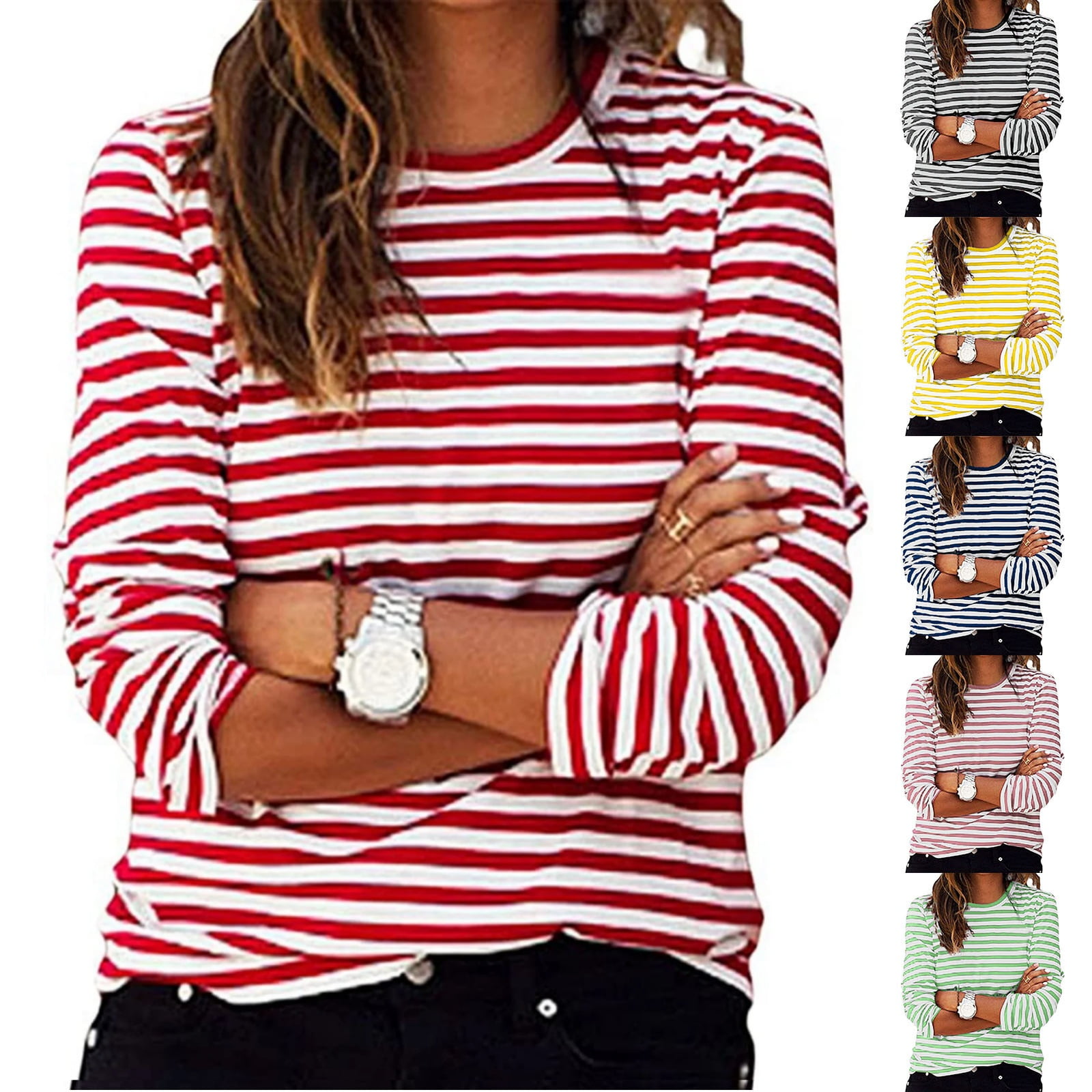 Fall Saving!QUINDOS Tshirts for Women Striped Long Sleeve Womens Tops ...