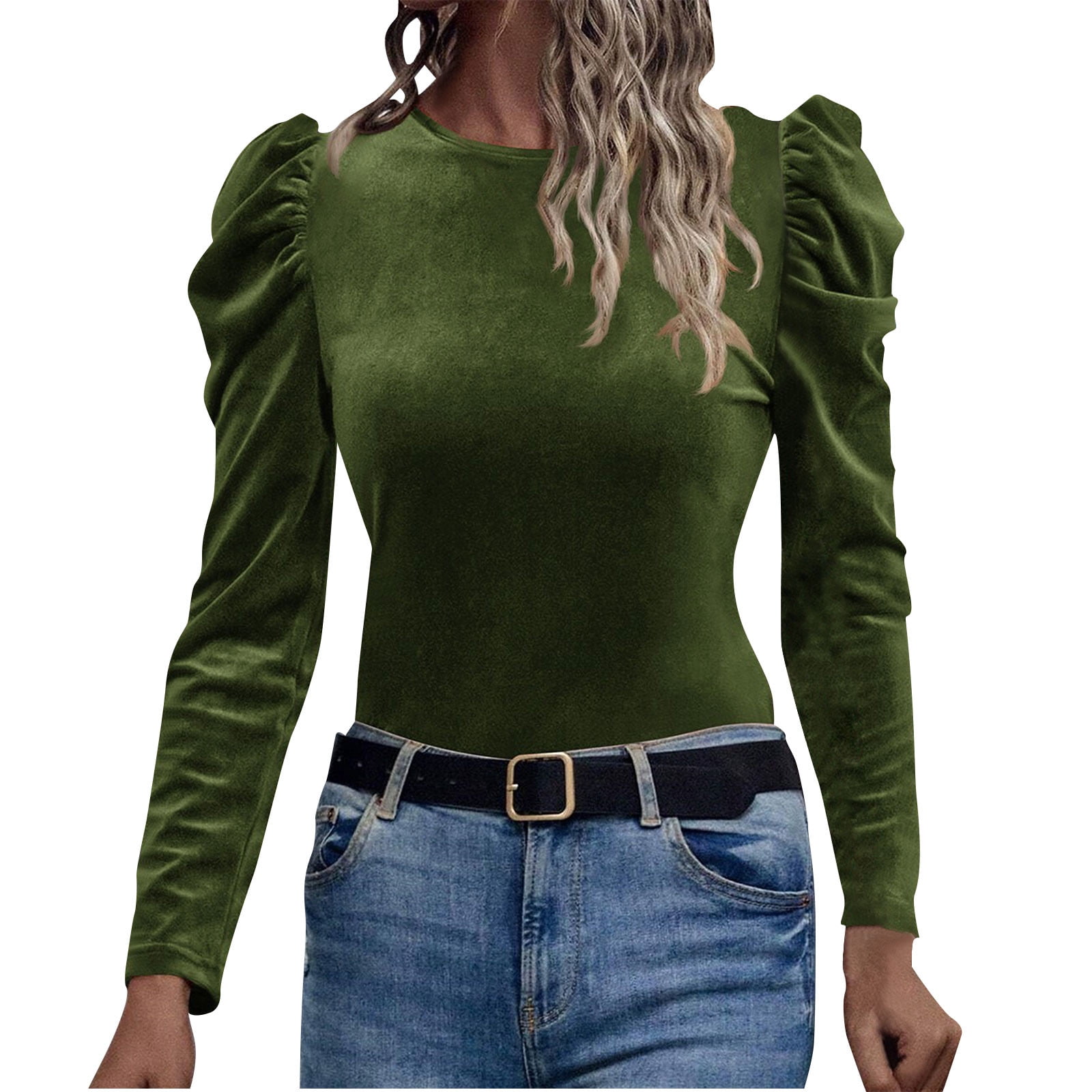 Womens Velvet Tops Puff Long Sleeve Shirts Dressy Casual Mock Neck ...