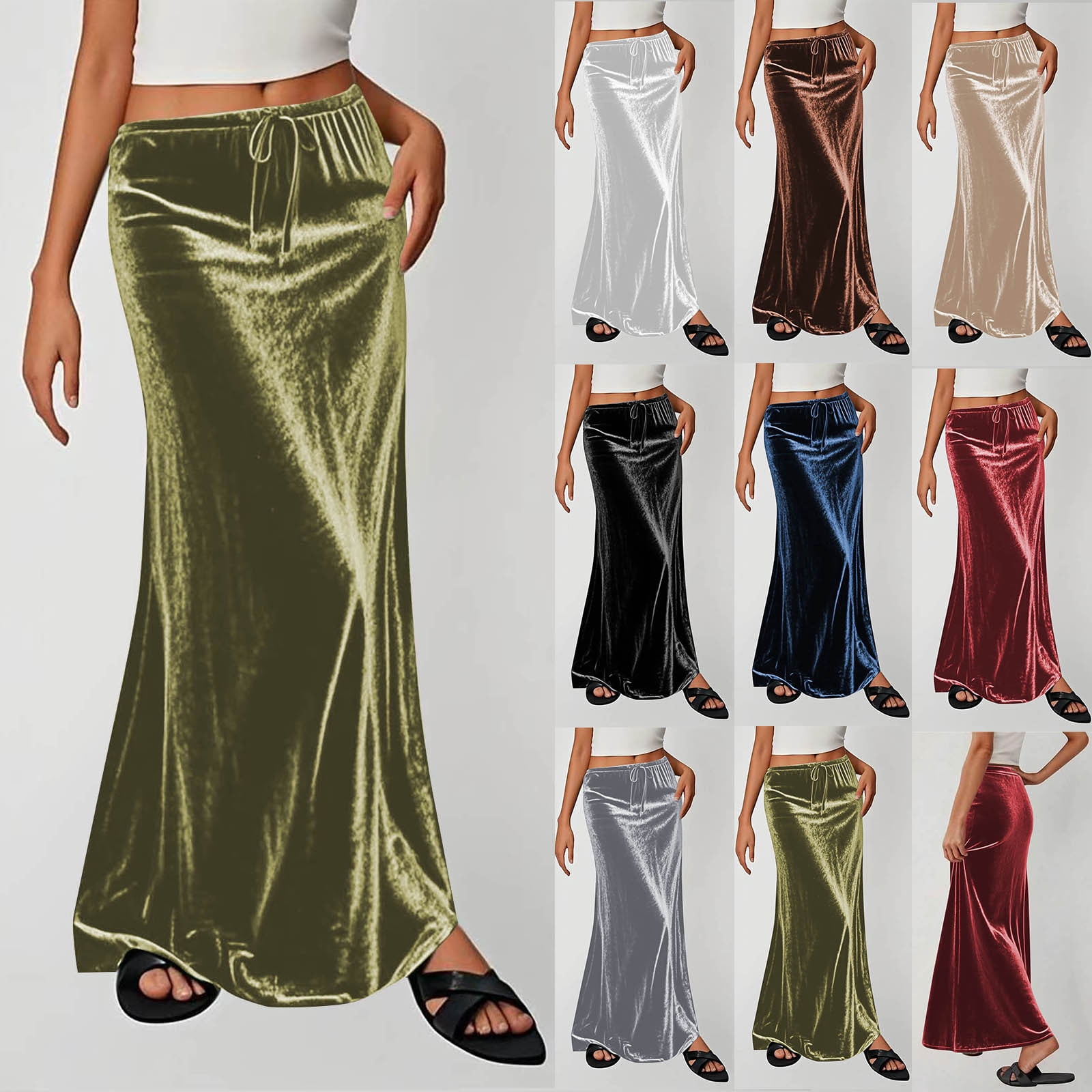 Horkkom Maxi Skirts for Women Solid Color Elastic Waist Drawstring ...