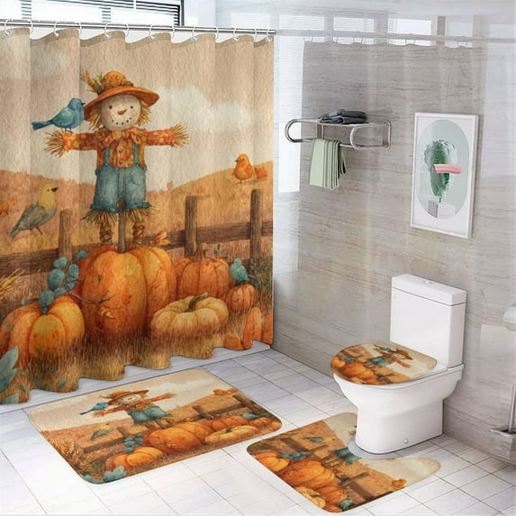 Fall Scarecrow 4Pcs Shower Curtain Sets with Rugs with Non-Slip Rugs ...