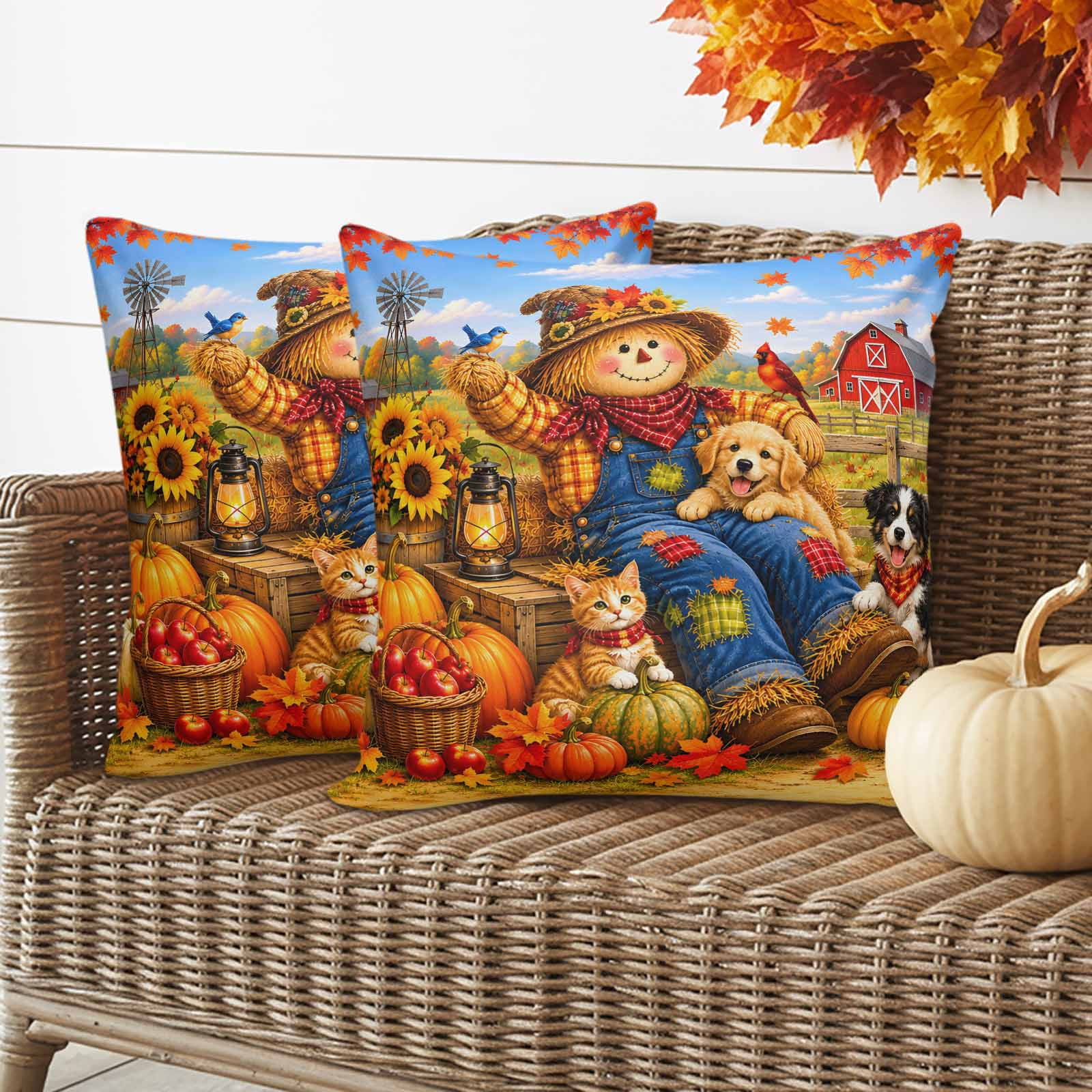 Fall Scarecrows Pillow Covers 2 Pack Farm Pumpkins Red Barn Cat Dog ...