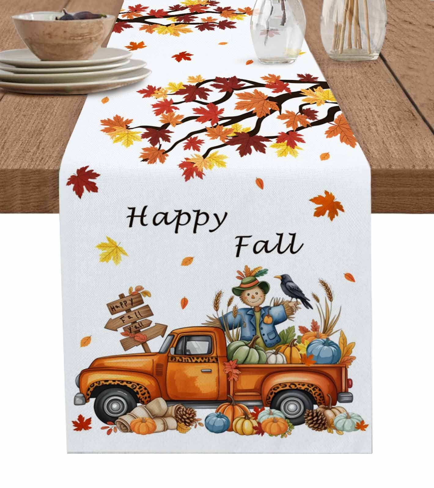Fall Scarecrows Table Runner 108 Inches, Thanksgiving Truck Pumpkin ...