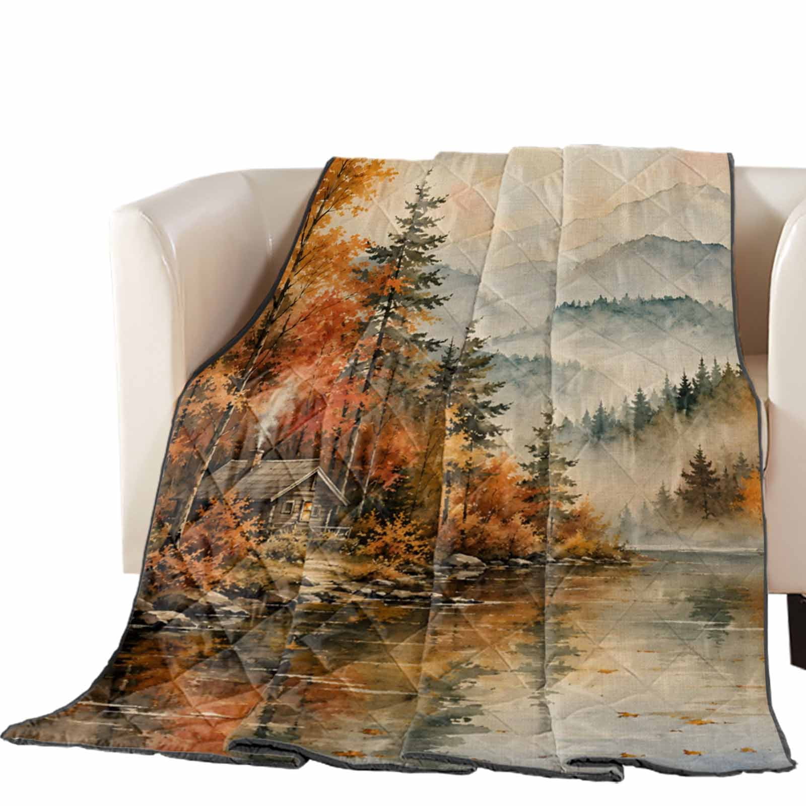 Fall Scenic Quilted Comforters Cooling Blanket King Size, Rustic Misty ...
