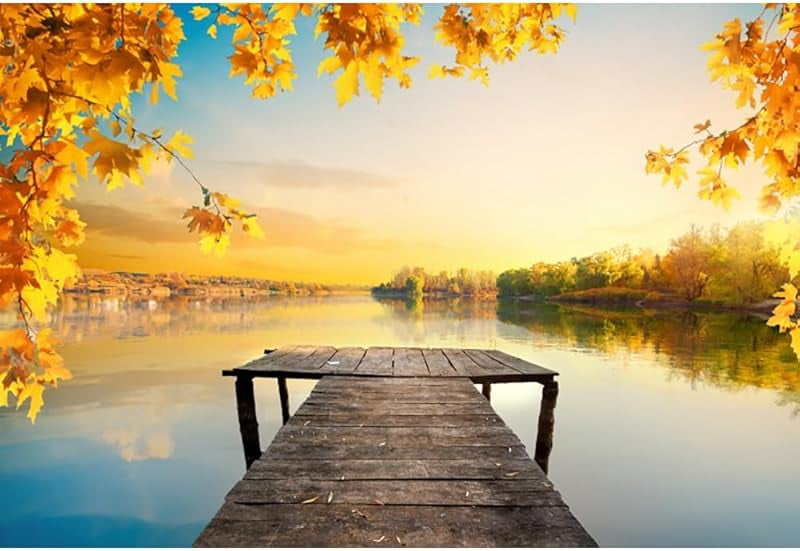 Fall Season Backdrop Falling Yellow Maple Leaves Lake Backgrounds ...