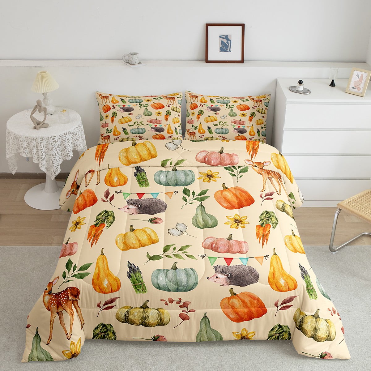 Fall Season Comforter Set Full Size Cute Cartoon Hedgehog Sika Deer ...