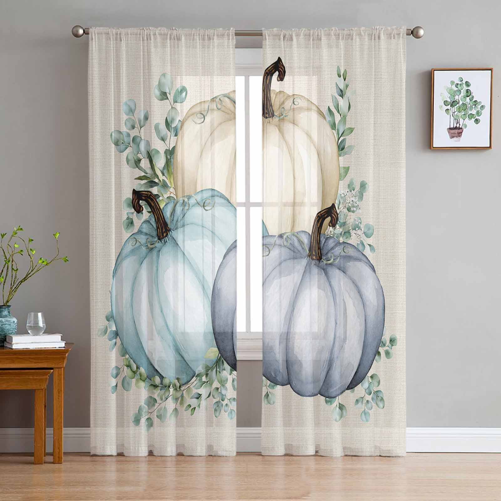 Fall Semi Sheer Curtains 84 Inch Length 2 Panels Set, Blue Pumpkins ...
