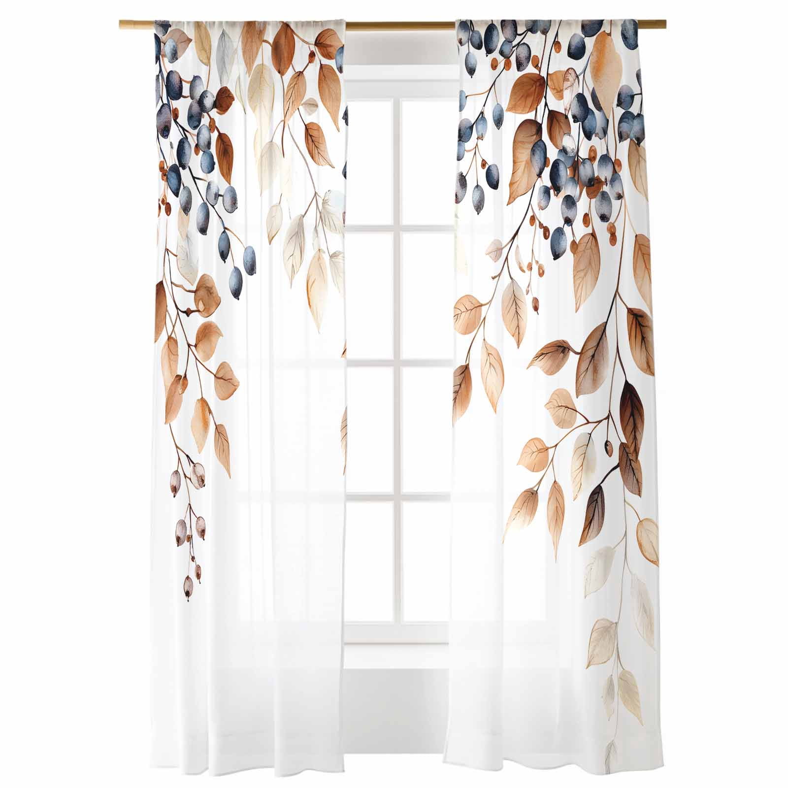 Fall Sheer Curtains 108 inches Long, Eucalyptus Leaf Watercolor Berry ...