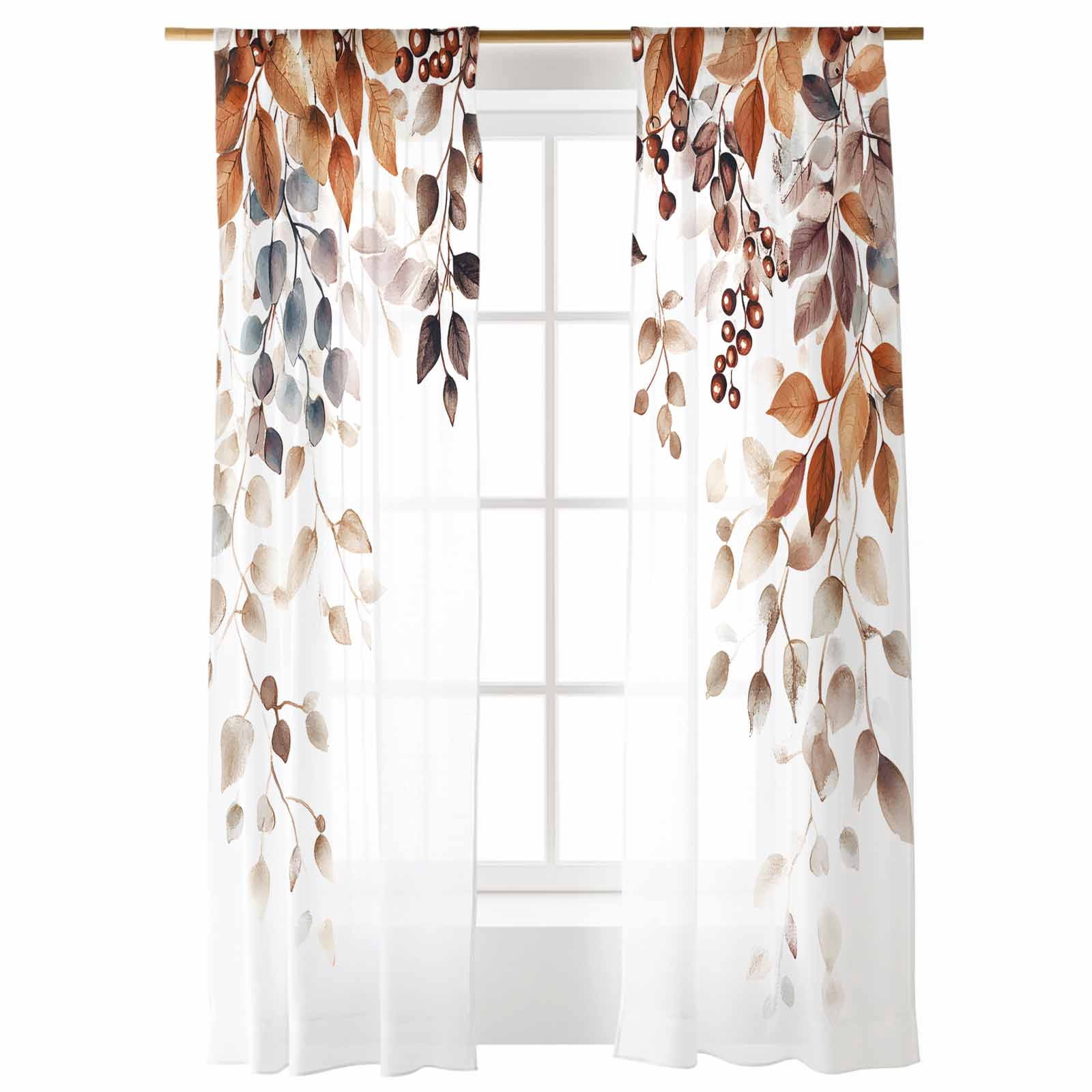 Fall Sheer Curtains 108 inches Long, Eucalyptus Leaves Watercolor Berry ...