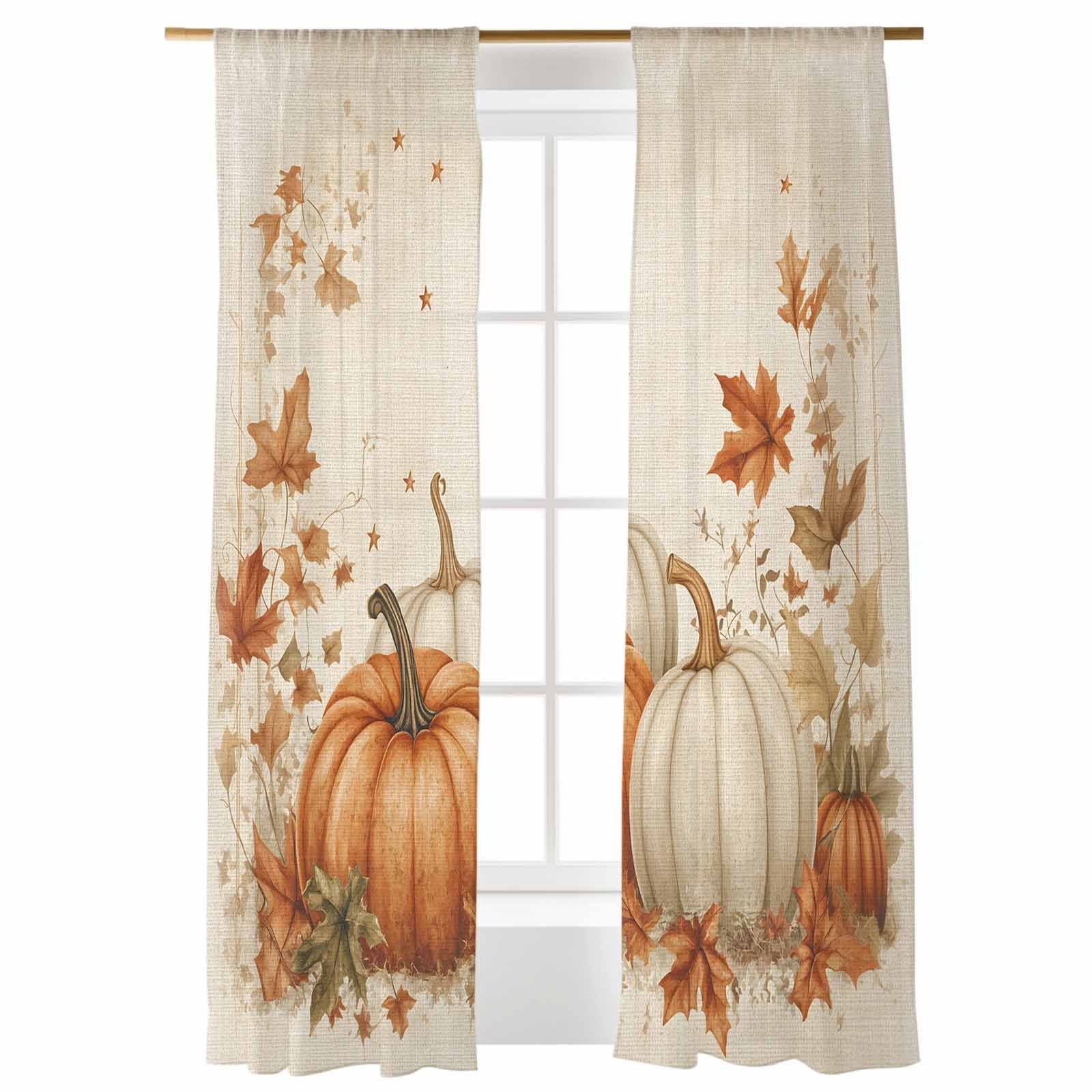 Fall Sheer Curtains 108 inches Long, Pumpkin Orange Maple Leaf ...