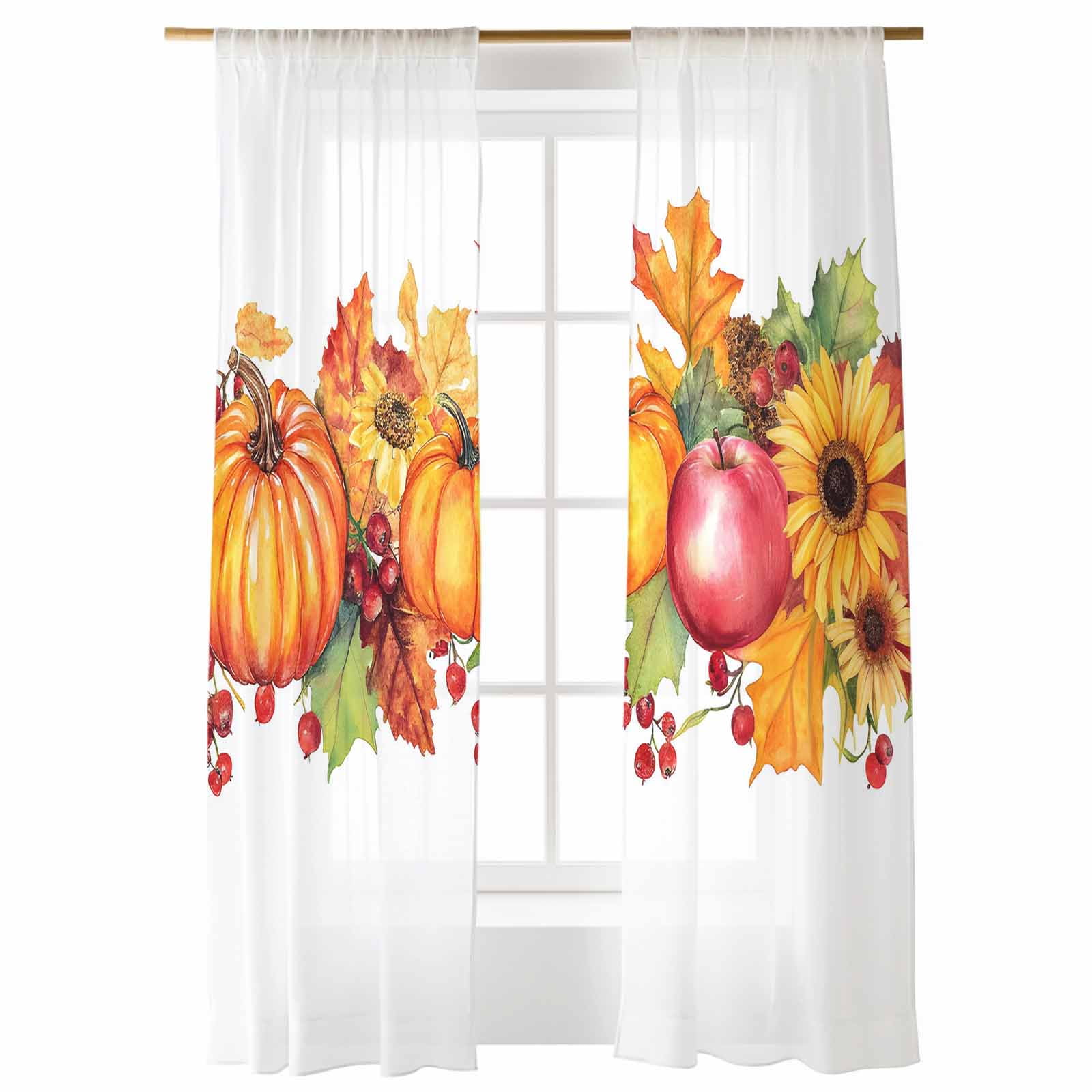 Fall Sheer Curtains 108 inches Long, Pumpkin Watercolor Sunflower ...