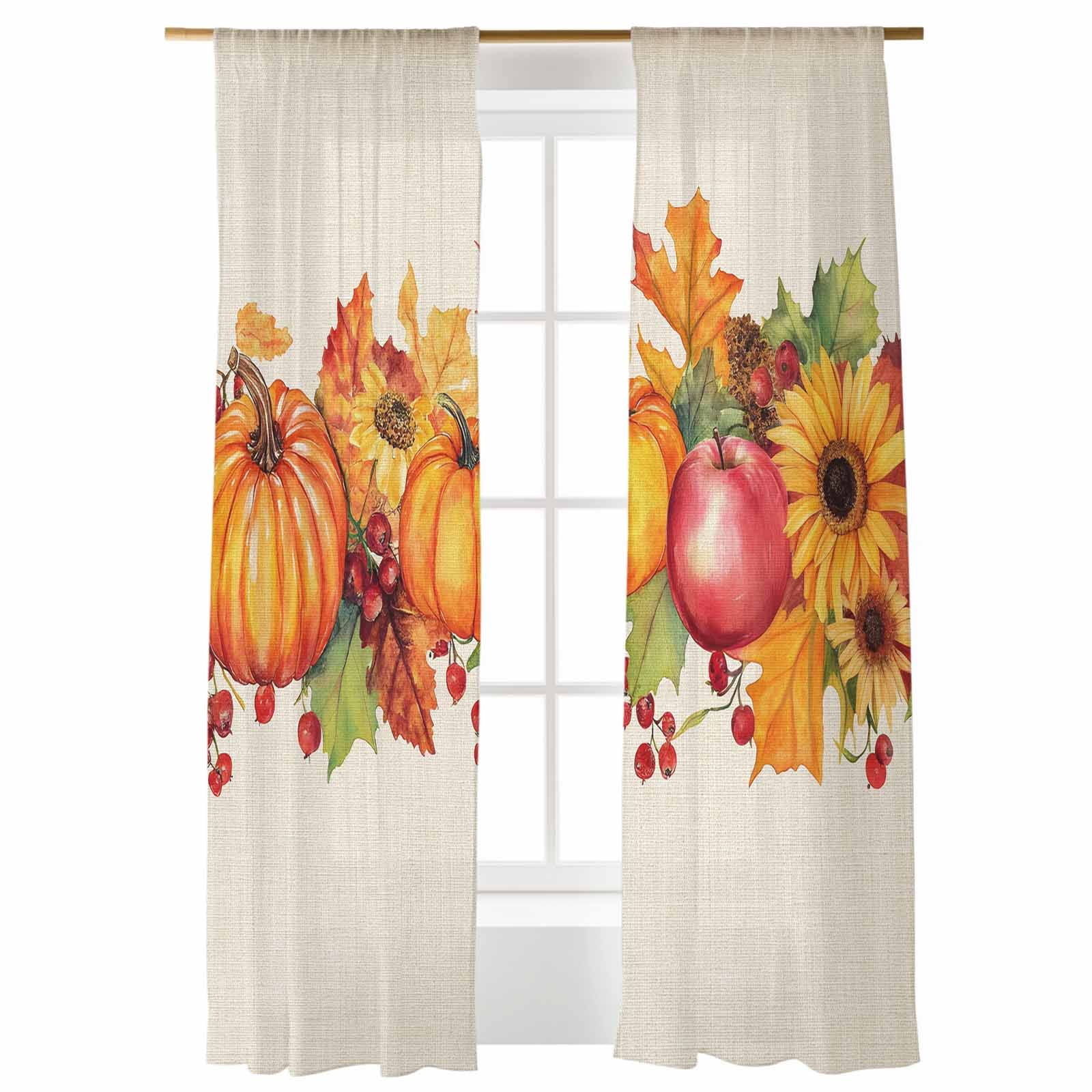 Fall Sheer Curtains 108 inches Long, Pumpkin Watercolor Sunflower ...