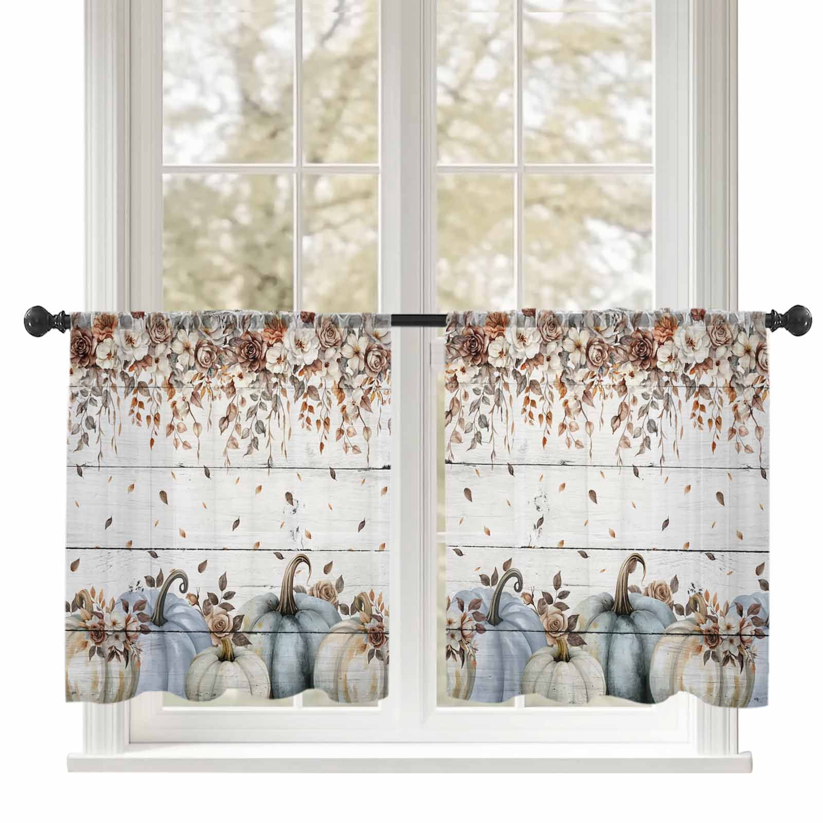Fall Sheer Curtains 45 inches Long, Blue Pumpkin Rose Fallen Leaves ...