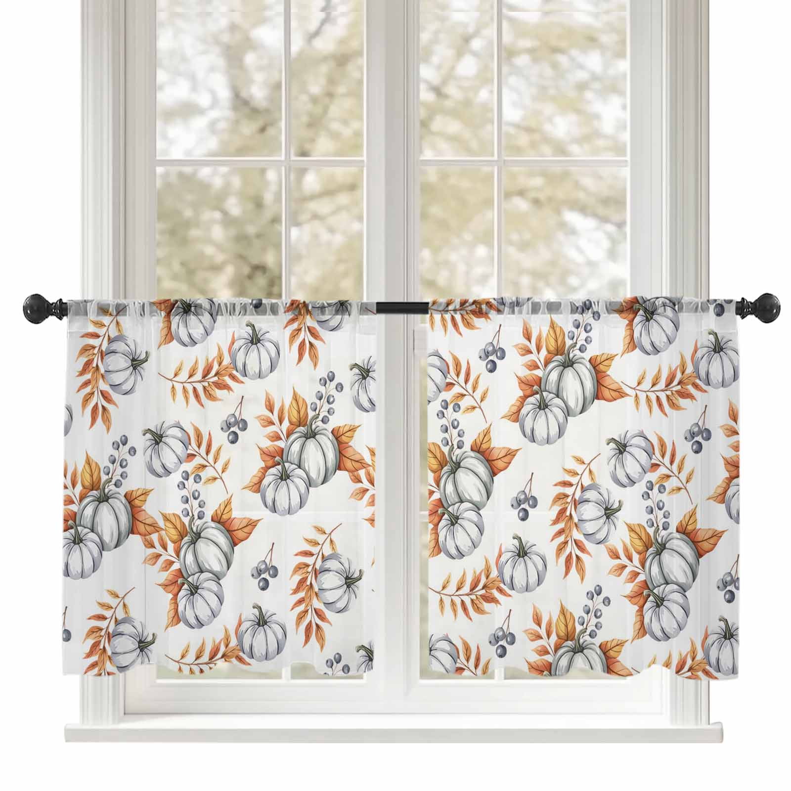Fall Sheer Curtains 45 inches Long, Pumpkin Brown Leaf Farmhouse ...