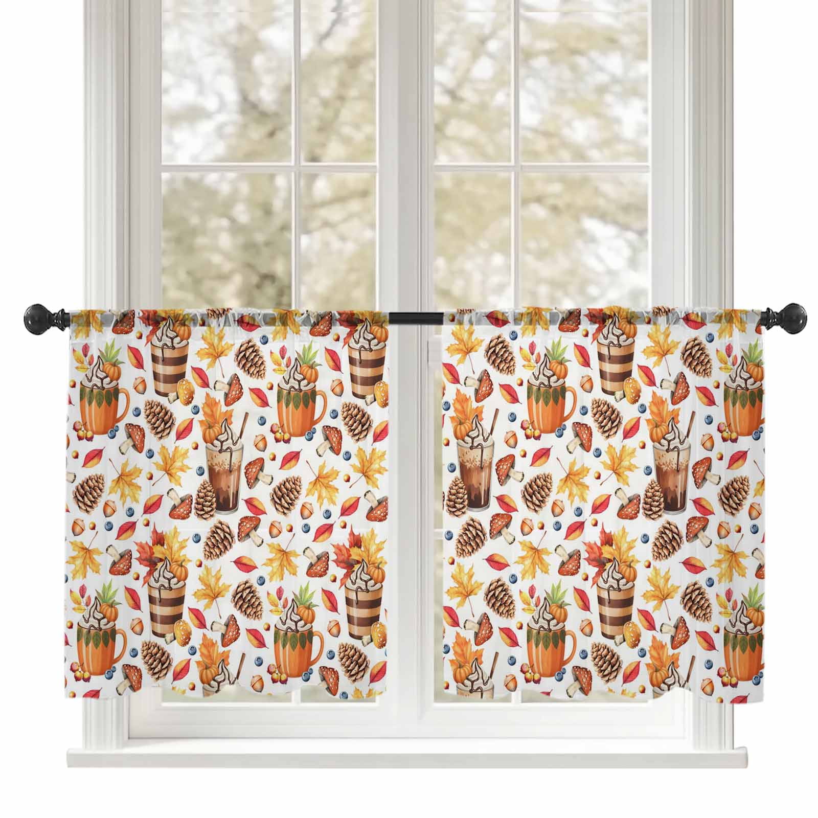 Fall Sheer Curtains 54 inches Long, Maple Leaf Coffee Mushroom Pine ...