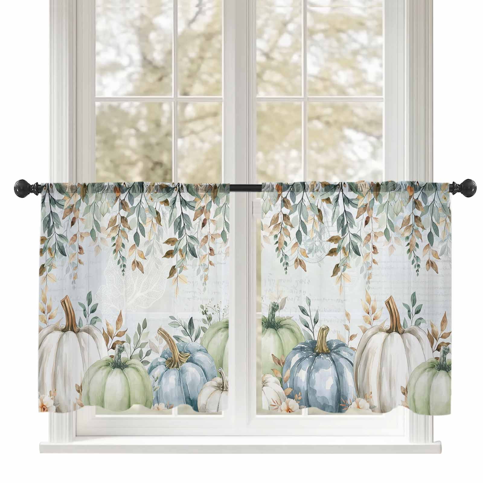 Fall Sheer Curtains 54 inches Long, Pumpkin Green Eucalyptus Leaf ...