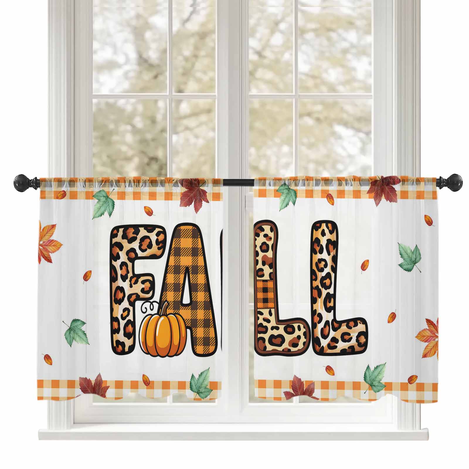 Fall Sheer Curtains 54 inches Long, Text Leopard Print Pumpkin Maple ...