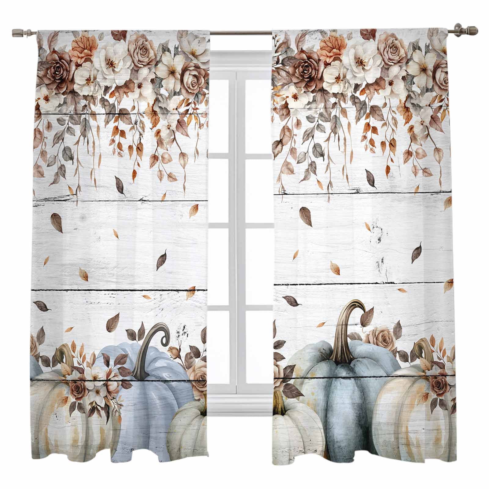 Fall Sheer Curtains 63 inches Long, Blue Pumpkin Rose Fallen Leaves ...