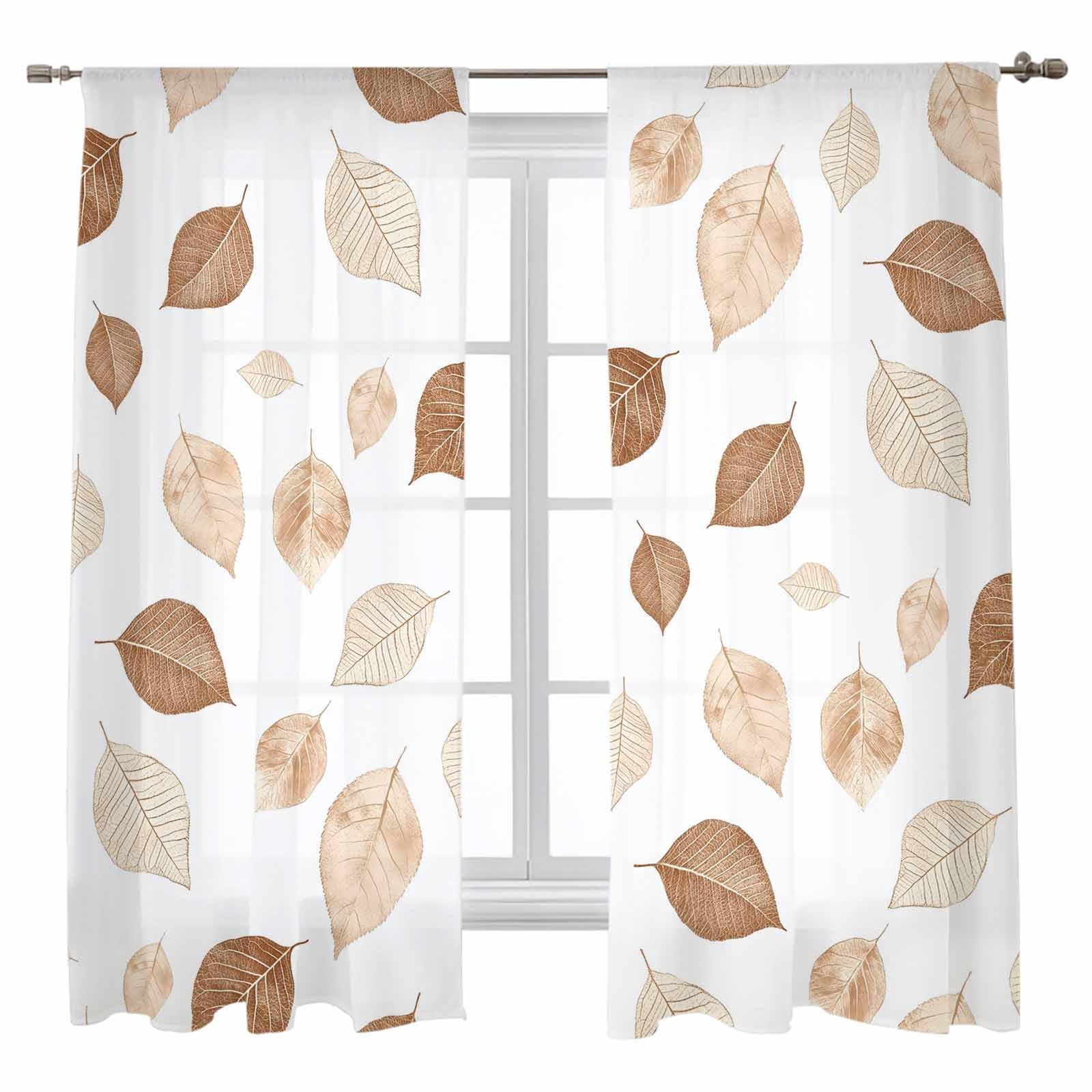 Fall Sheer Curtains 63 inches Long, Fallen Leaves Brown Watercolor Leaf ...