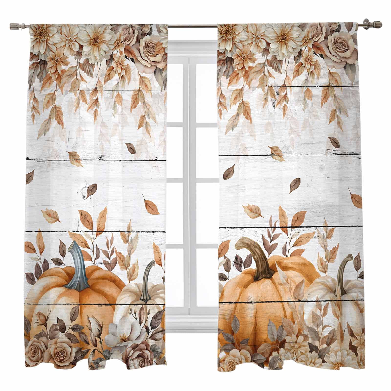Fall Sheer Curtains 63 inches Long, Pumpkin Fallen Leaves Rose ...
