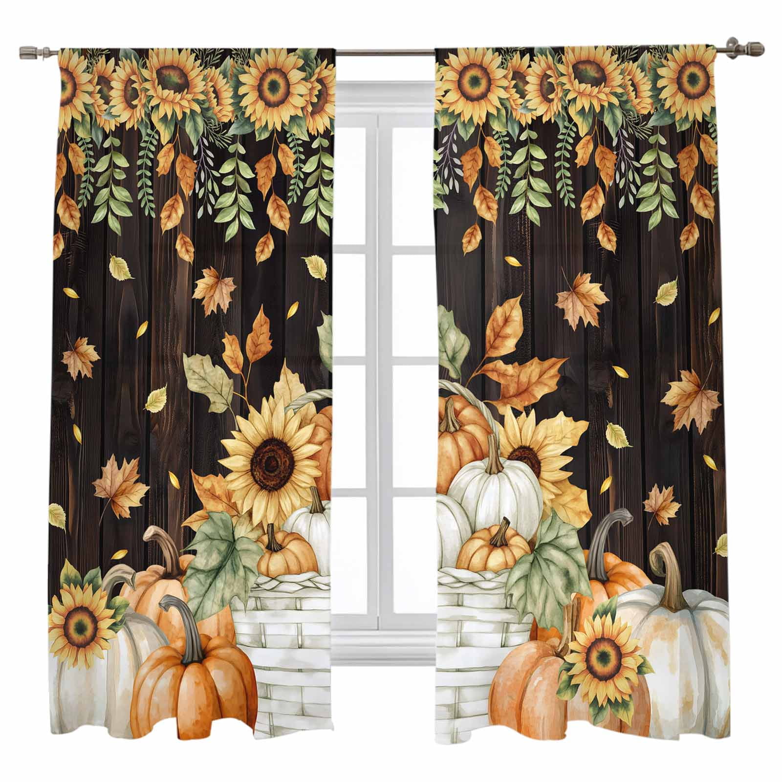 Fall Sheer Curtains 63 inches Long, Pumpkin Sunflower Maple Leaf ...