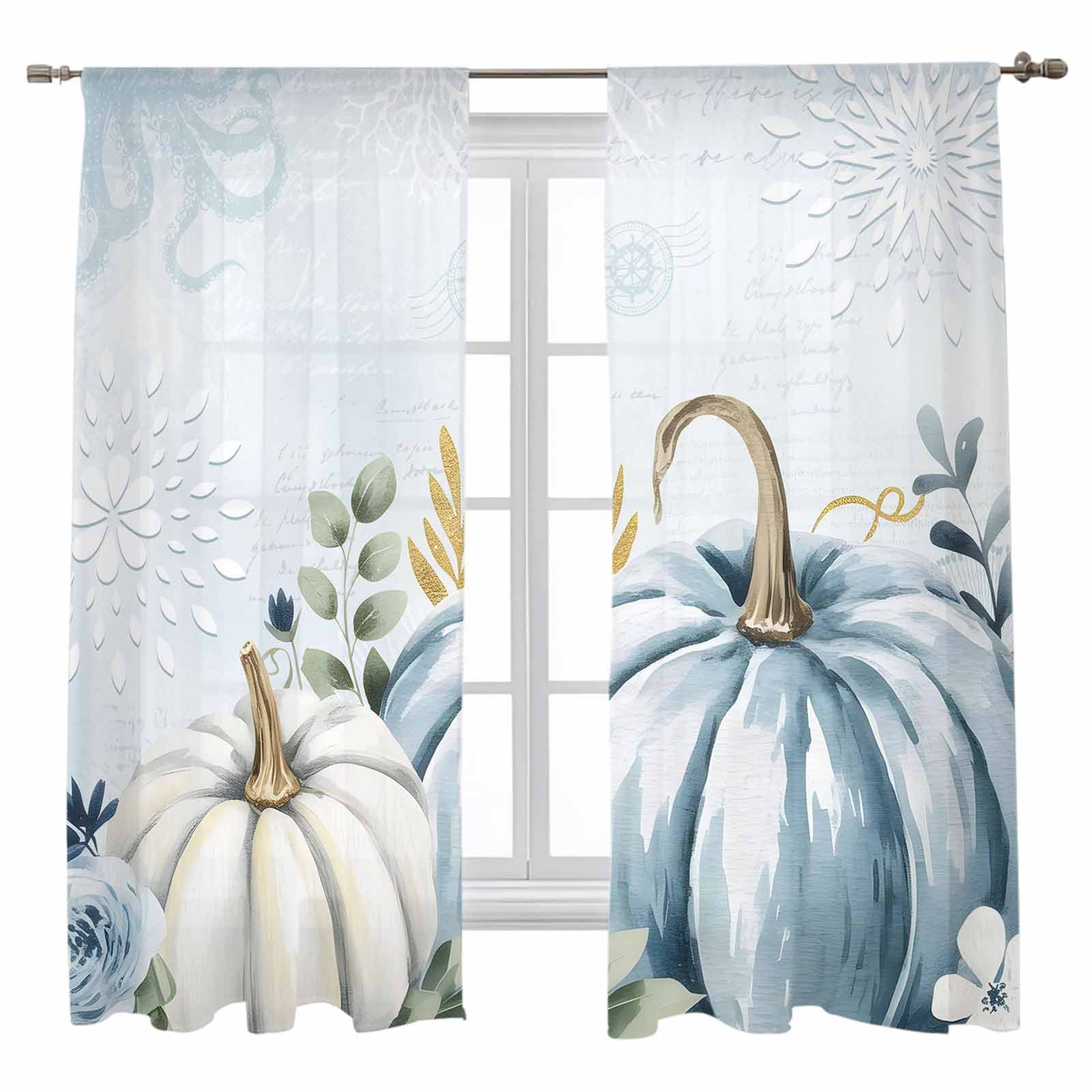 Fall Sheer Curtains 63 inches Long, Pumpkins Blue White Autumn Harvest ...