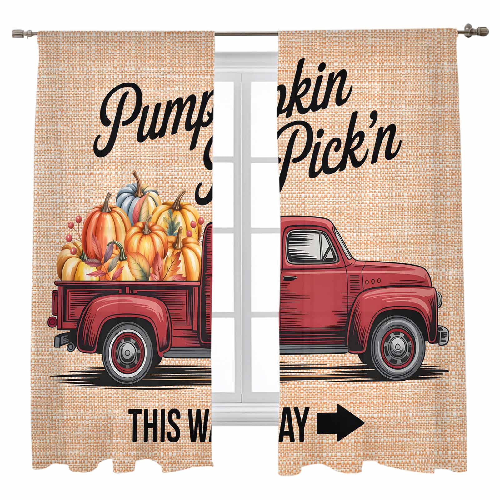 Fall Sheer Curtains 63 inches Long, Thanksgiving Red Car Harvest Orange ...